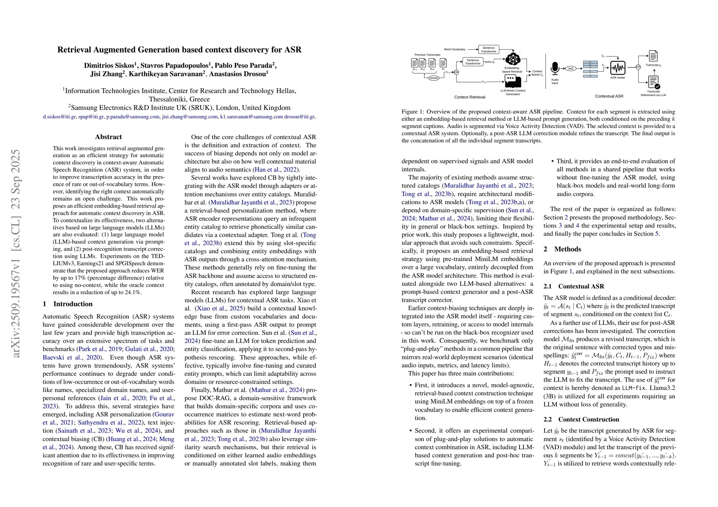 Retrieval Augmented Generation based context discovery for ASR