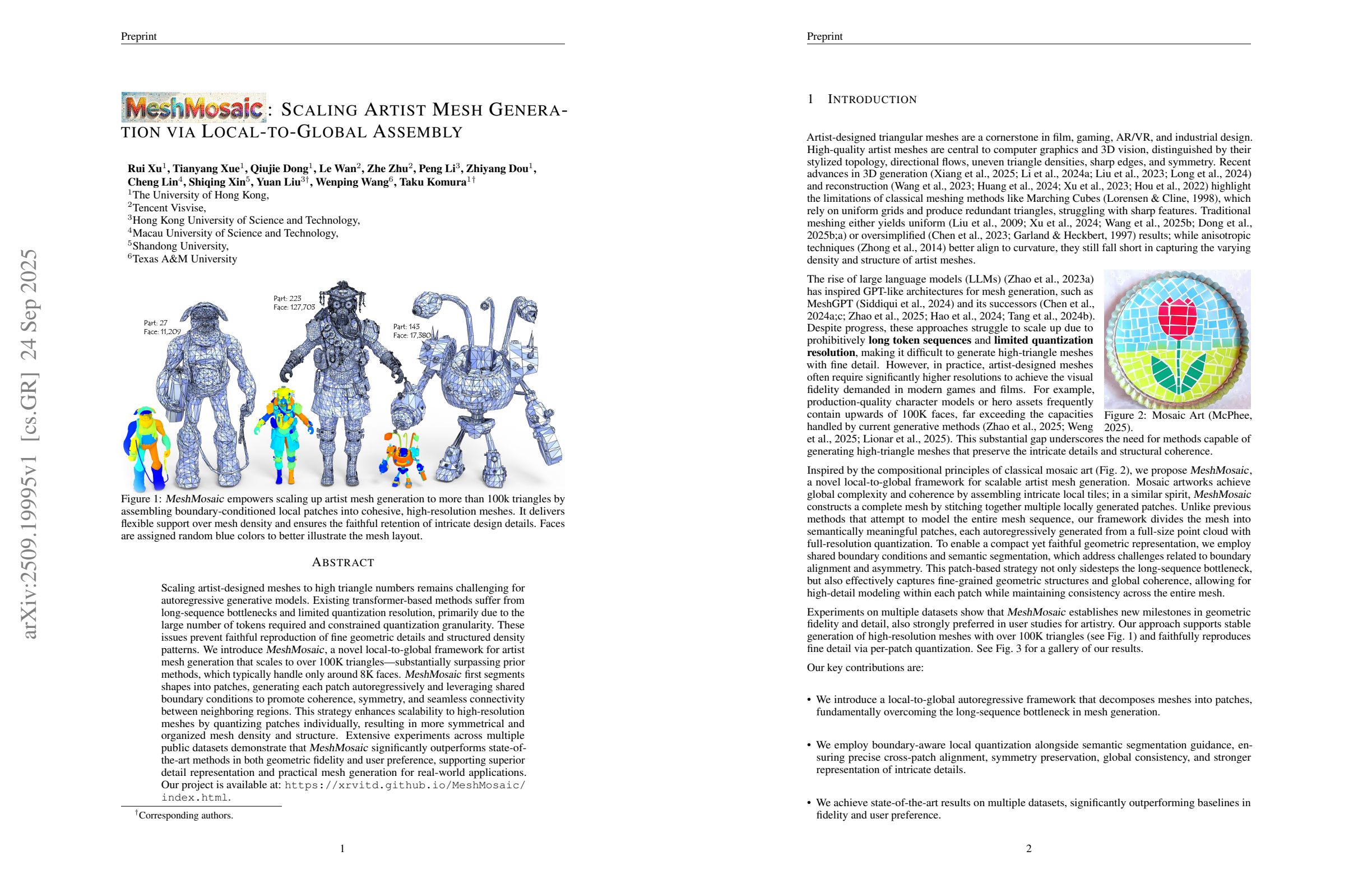 MeshMosaic: Scaling Artist Mesh Generation via Local-to-Global Assembly