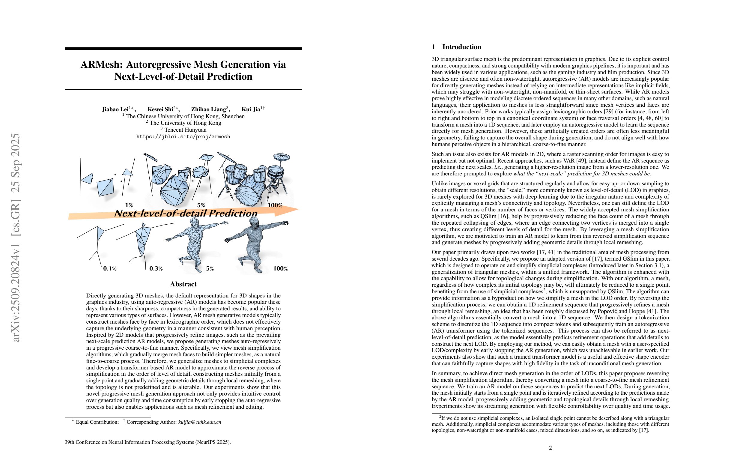 ARMesh: Autoregressive Mesh Generation via Next-Level-of-Detail Prediction