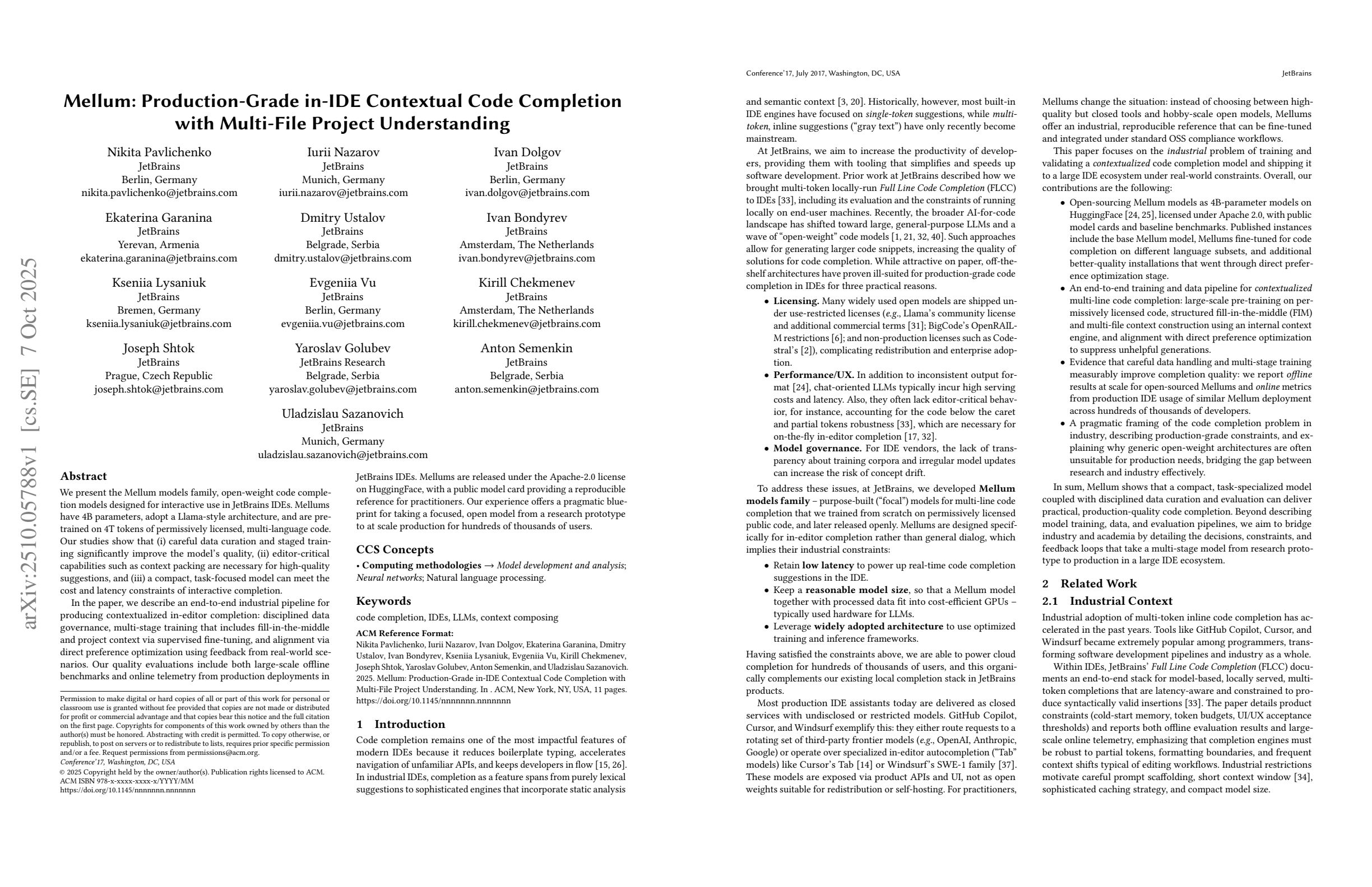 Mellum: Production-Grade in-IDE Contextual Code Completion with Multi-File Project Understanding