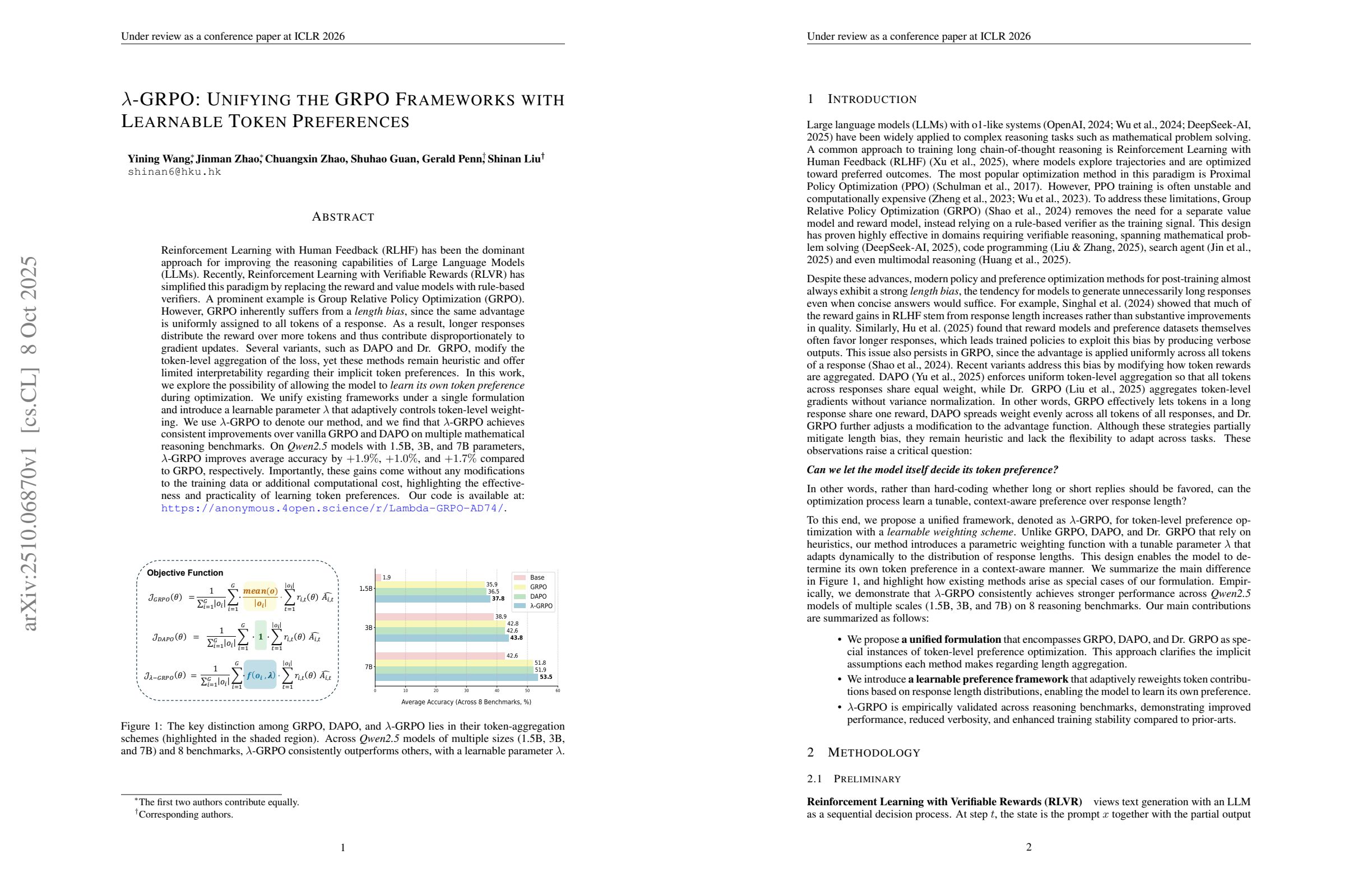 $λ$-GRPO: Unifying the GRPO Frameworks with Learnable Token Preferences