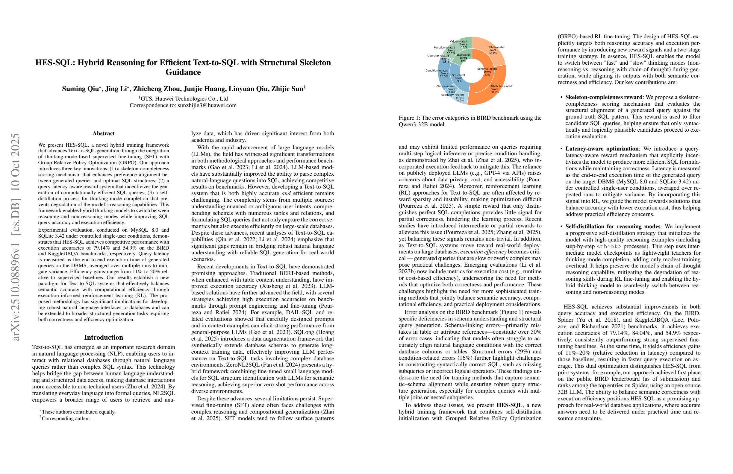 HES-SQL: Hybrid Reasoning for Efficient Text-to-SQL with Structural Skeleton Guidance