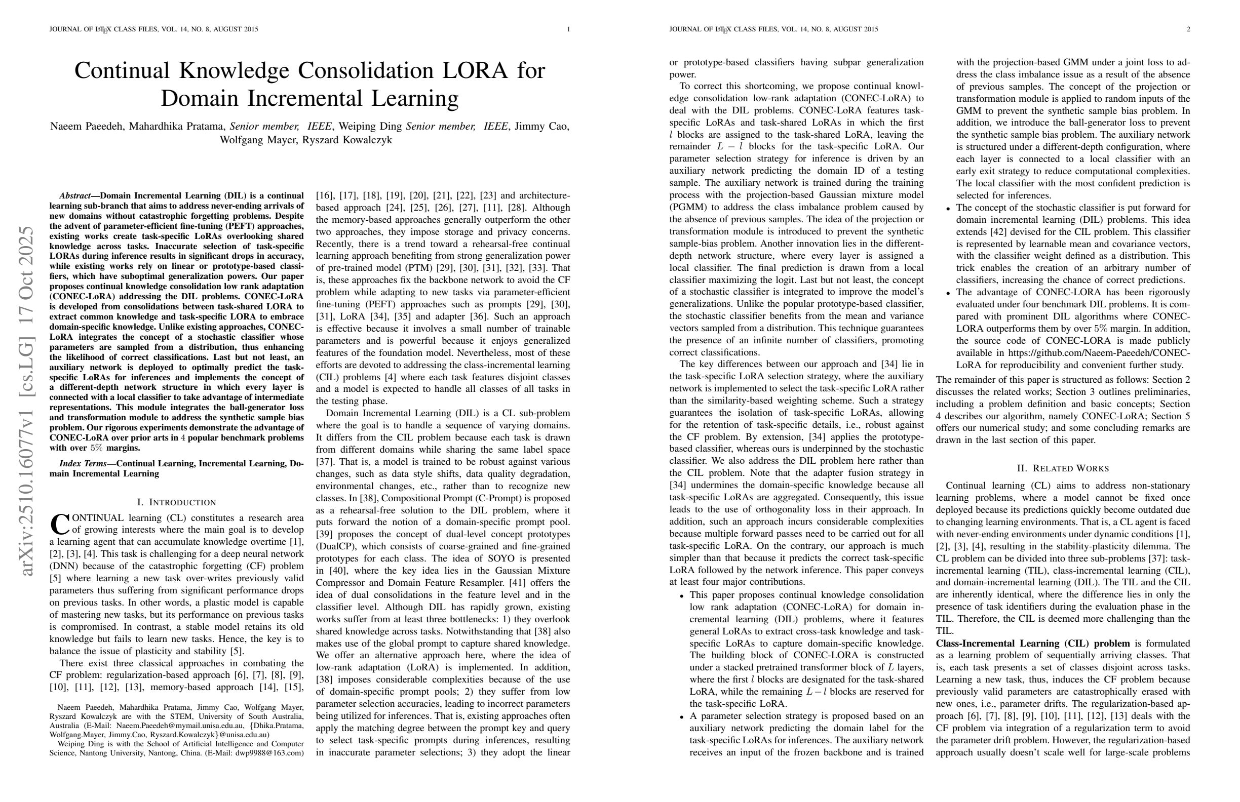 Continual Knowledge Consolidation LORA for Domain Incremental Learning