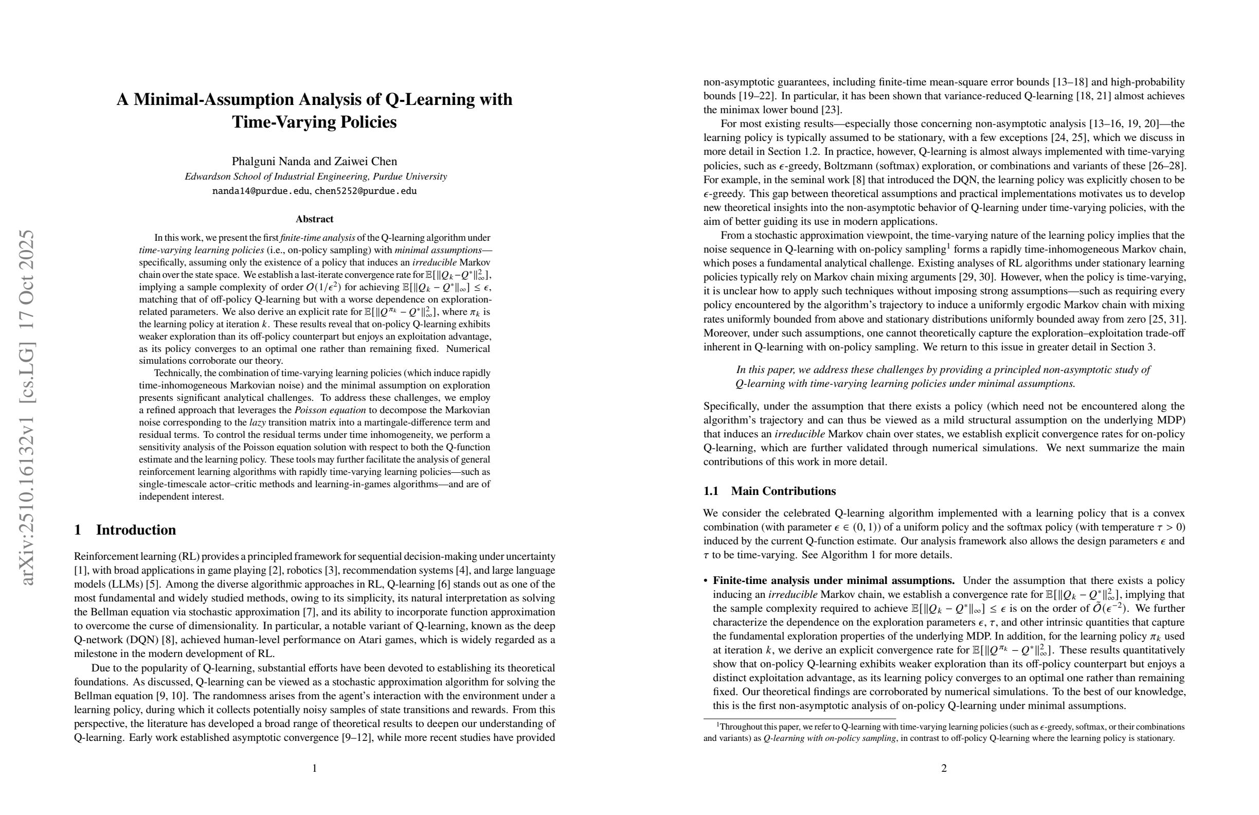 A Minimal-Assumption Analysis of Q-Learning with Time-Varying Policies