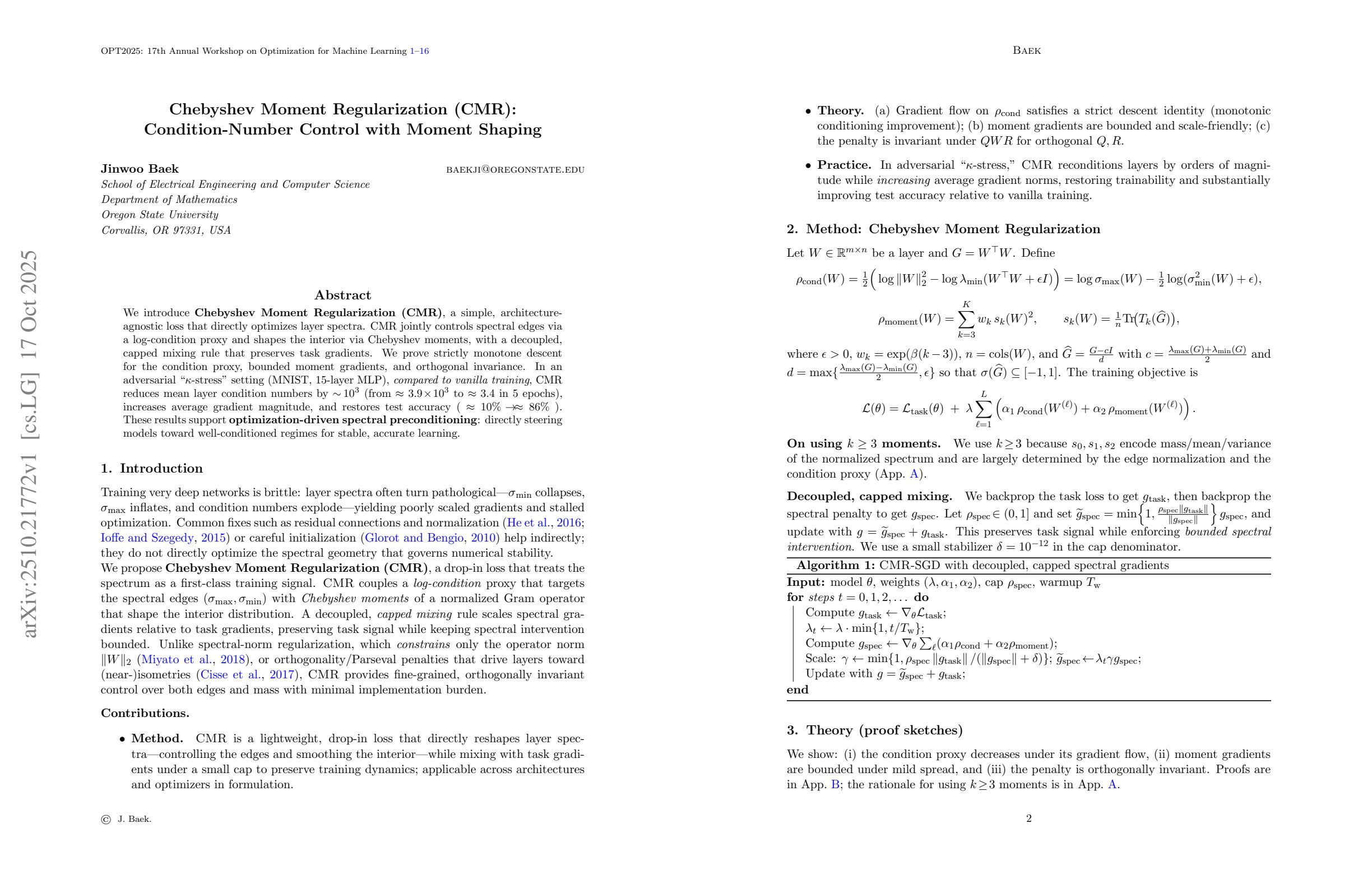 Chebyshev Moment Regularization (CMR): Condition-Number Control with ...