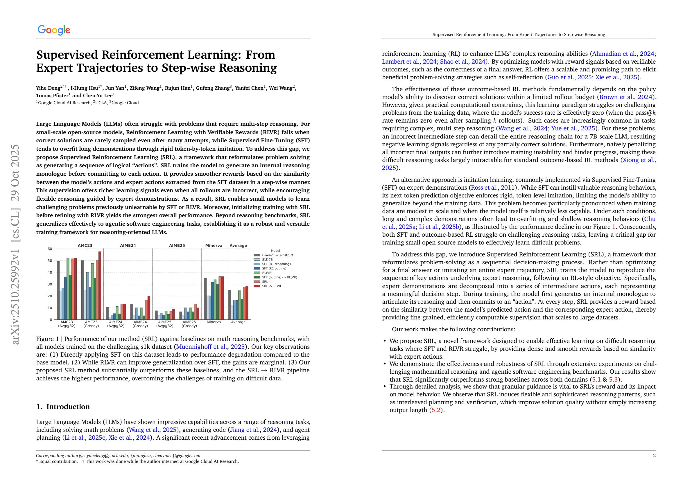 Supervised Reinforcement Learning: From Expert Trajectories to Step-wise Reasoning
