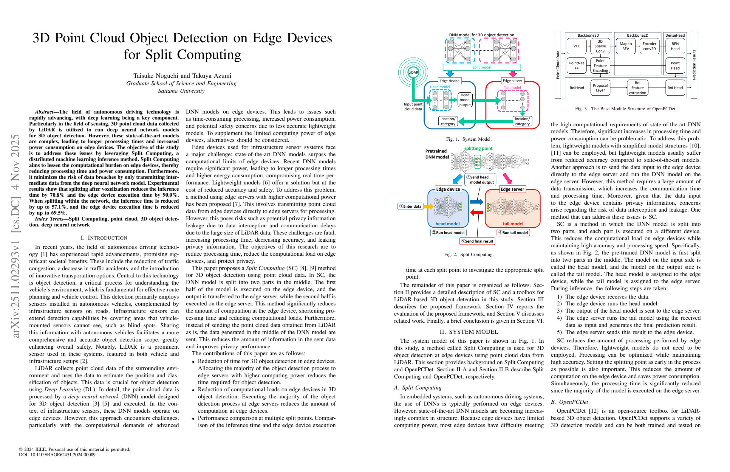 3D Point Cloud Object Detection on Edge Devices for Split Computing