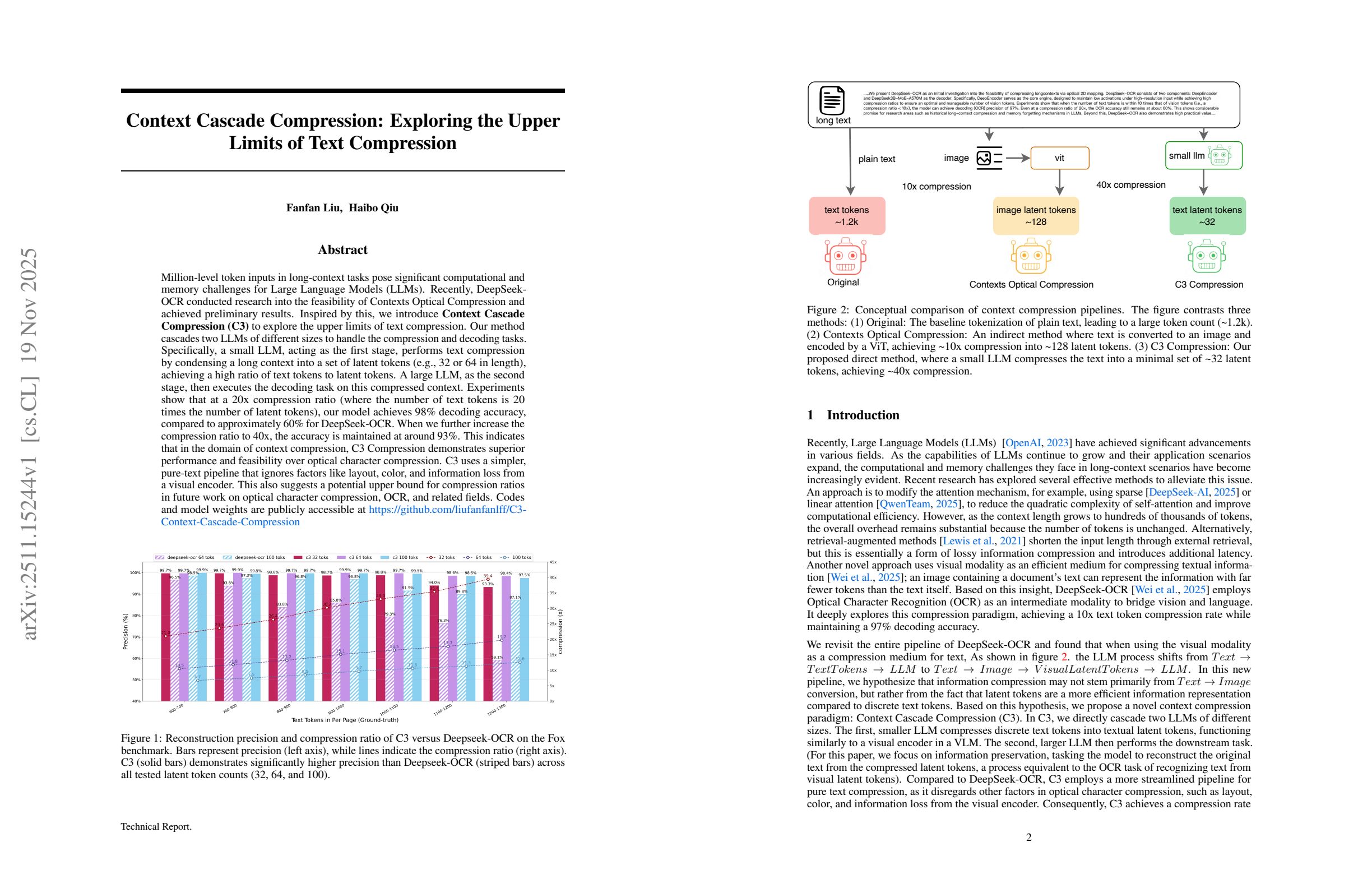 Context Cascade Compression: Exploring the Upper Limits of Text Compression
