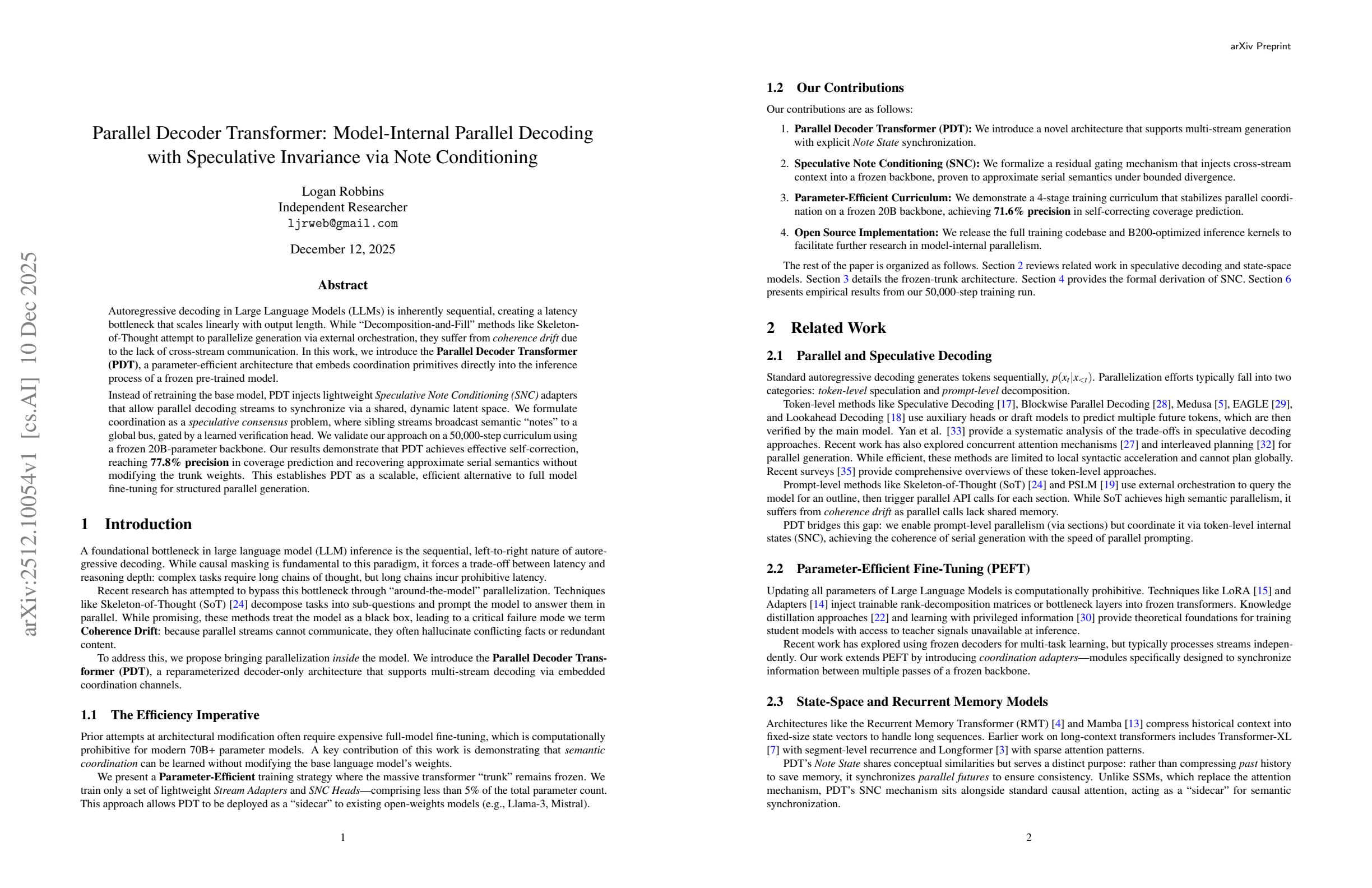 Parallel Decoder Transformer: Model-Internal Parallel Decoding with Speculative Invariance via ...