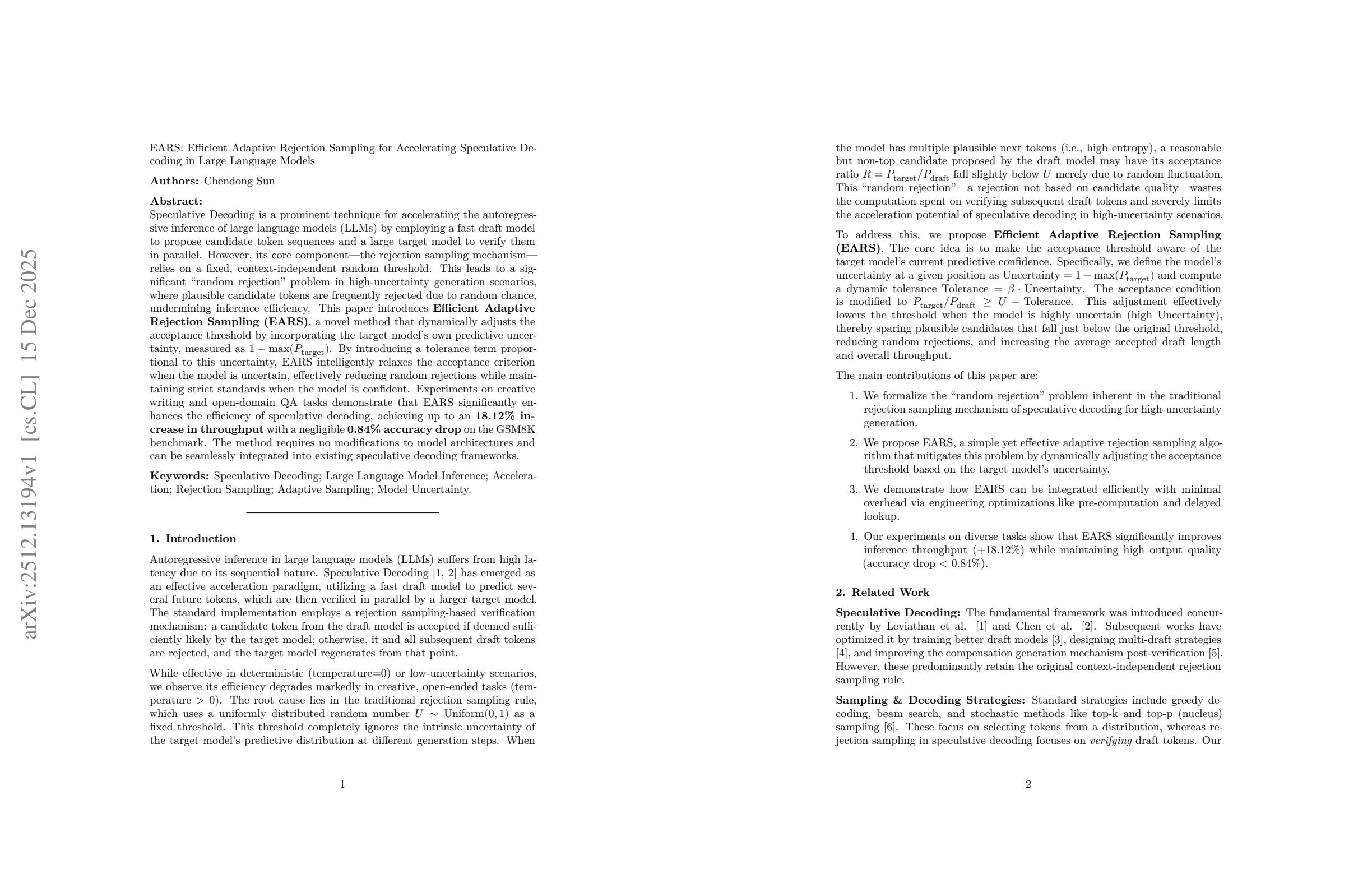 Efficient Adaptive Rejection Sampling for Accelerating Speculative Decoding in Large Language Models