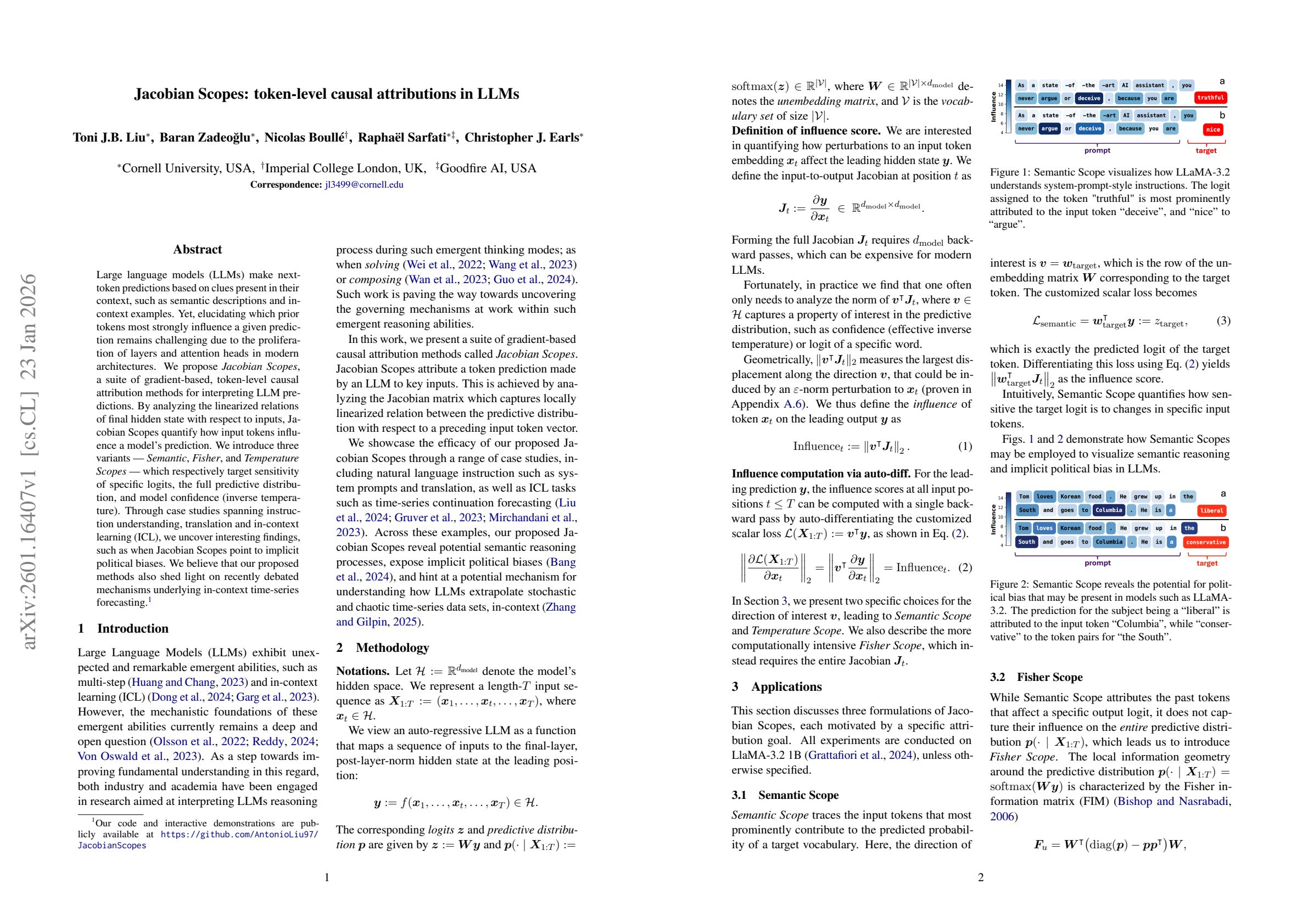 Jacobian Scopes: token-level causal attributions in LLMs