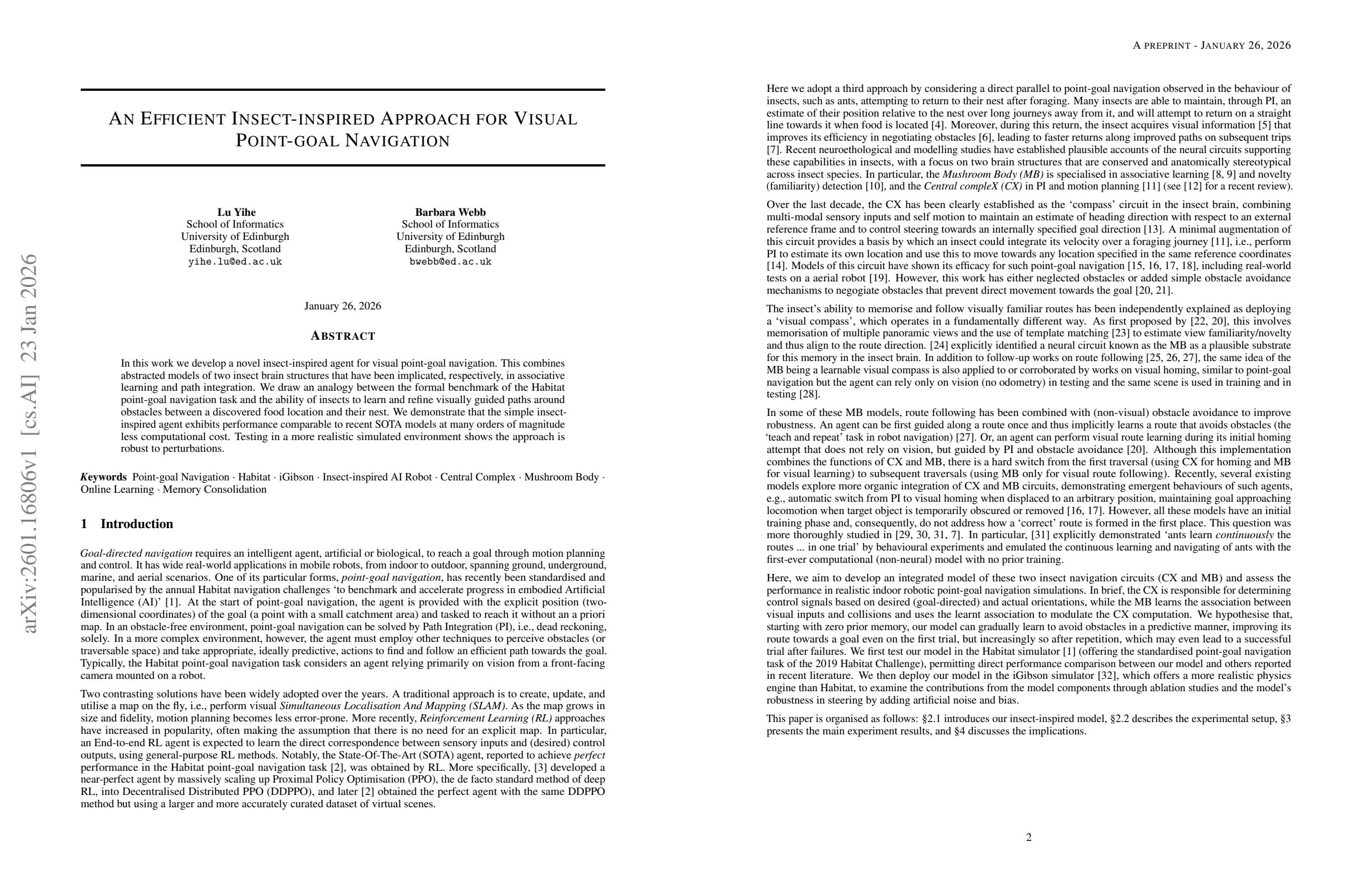 An Efficient Insect-inspired Approach for Visual Point-goal Navigation