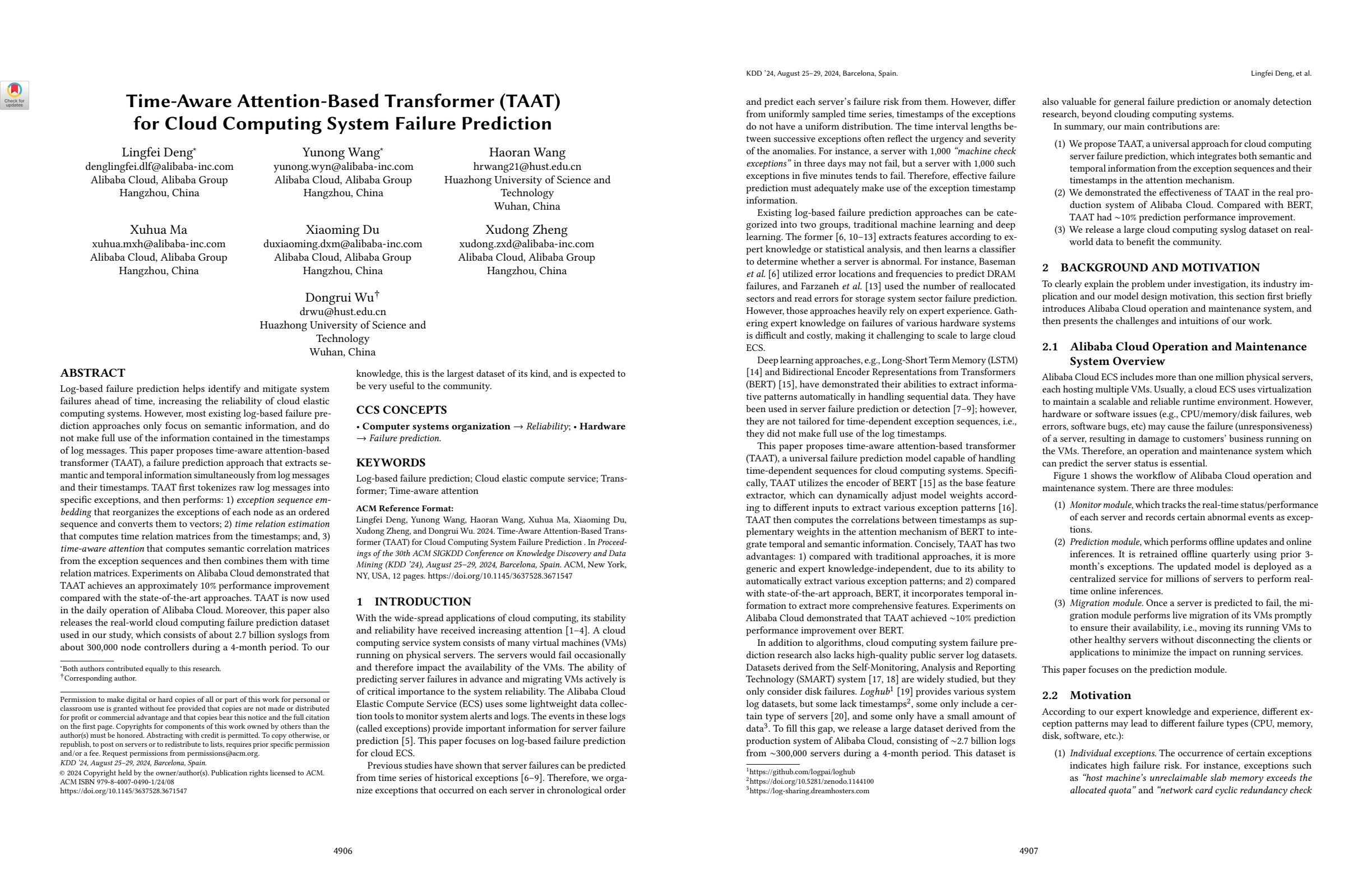 Time-Aware Attention-Based Transformer (TAAT) for Cloud Computing System Failure Prediction