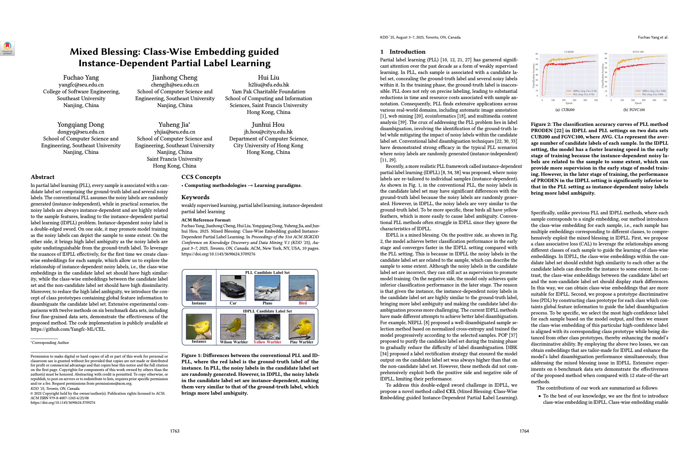 Mixed Blessing: Class-Wise Embedding guided Instance-Dependent Partial Label Learning