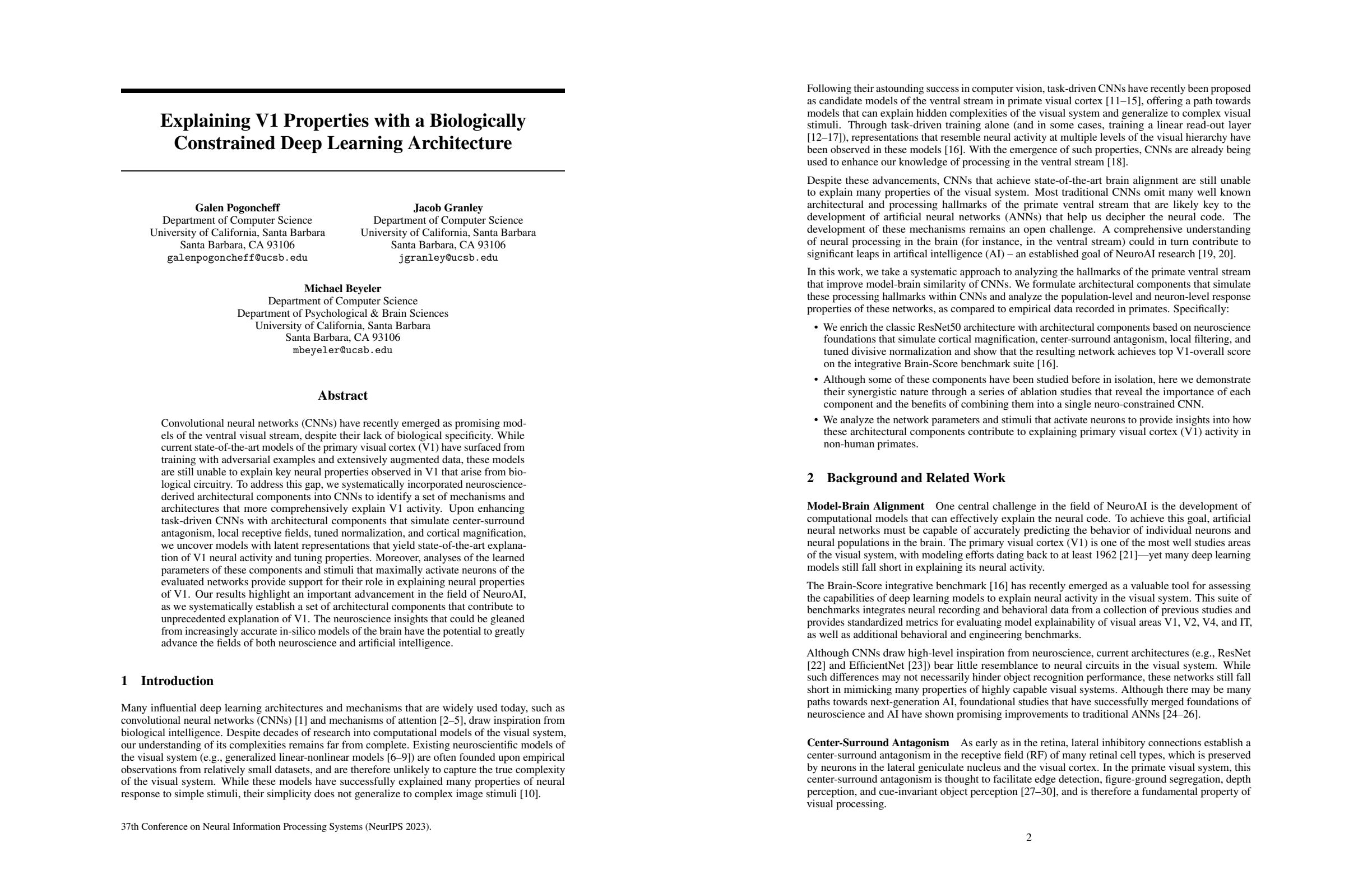 Explaining V1 Properties with a Biologically Constrained Deep Learning Architecture
