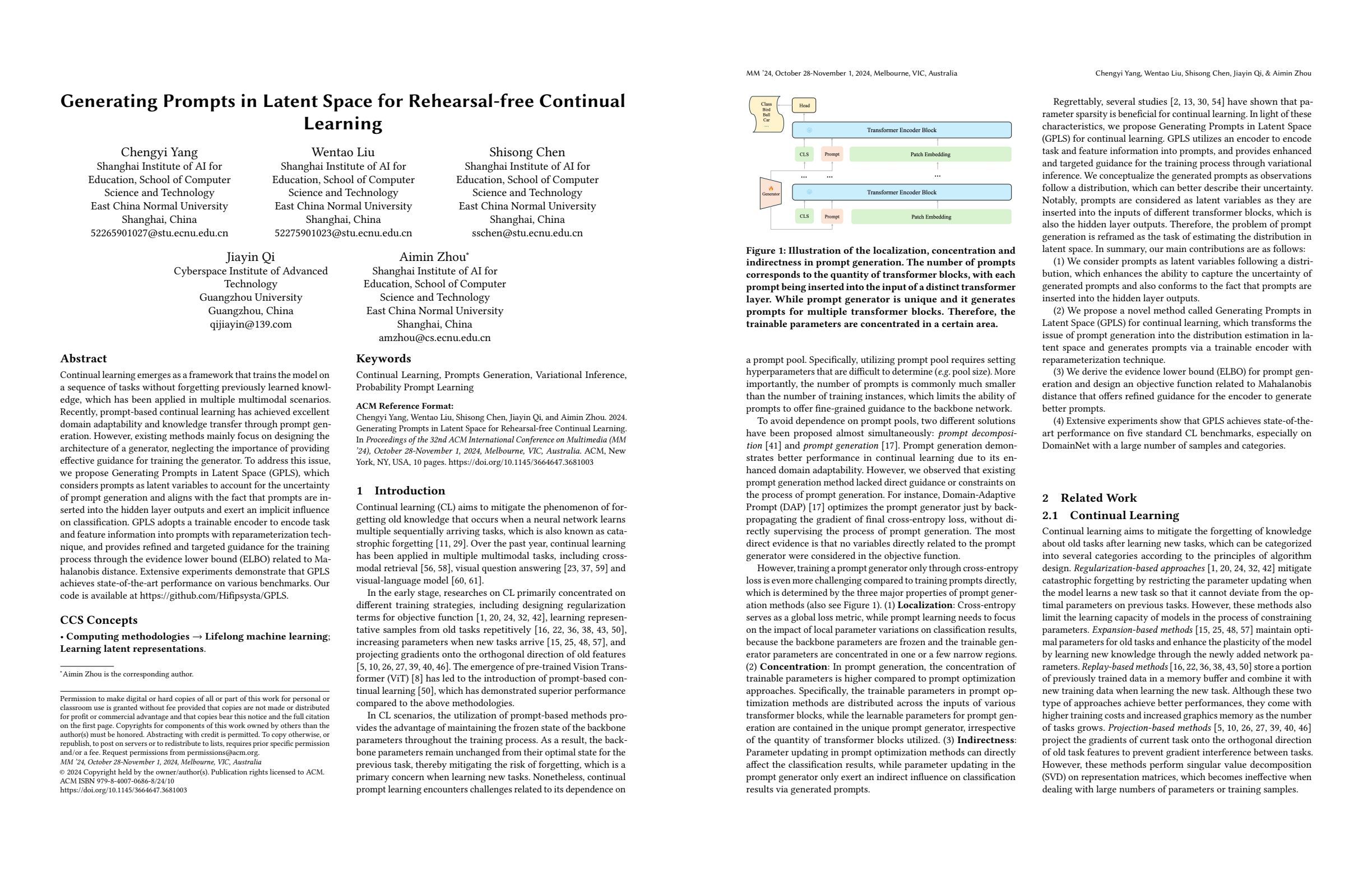 Generating Prompts in Latent Space for Rehearsal-free Continual Learning