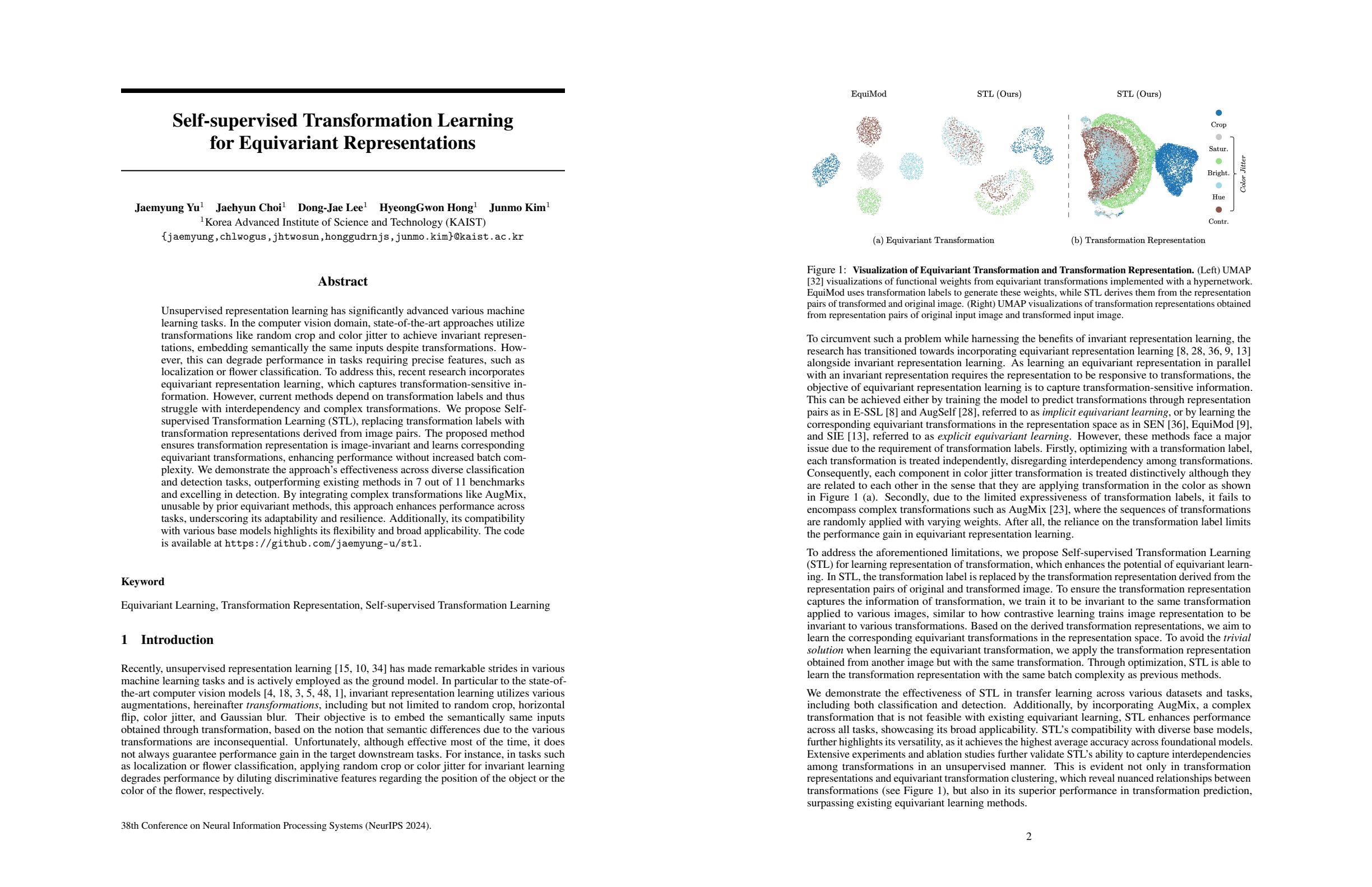 Self-supervised Transformation Learning for Equivariant Representations