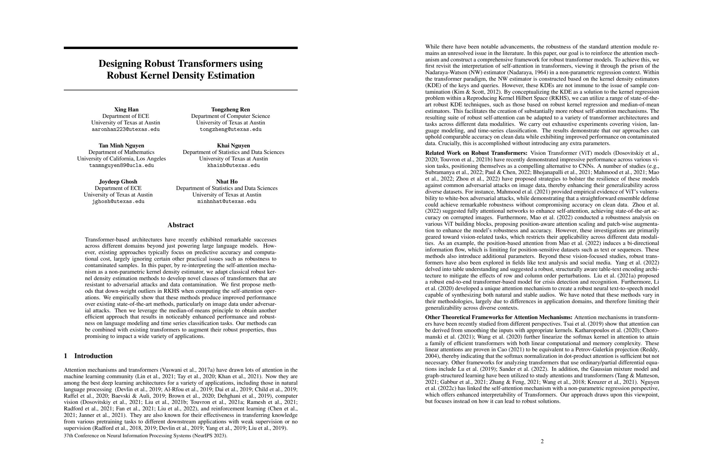 Designing Robust Transformers using Robust Kernel Density Estimation
