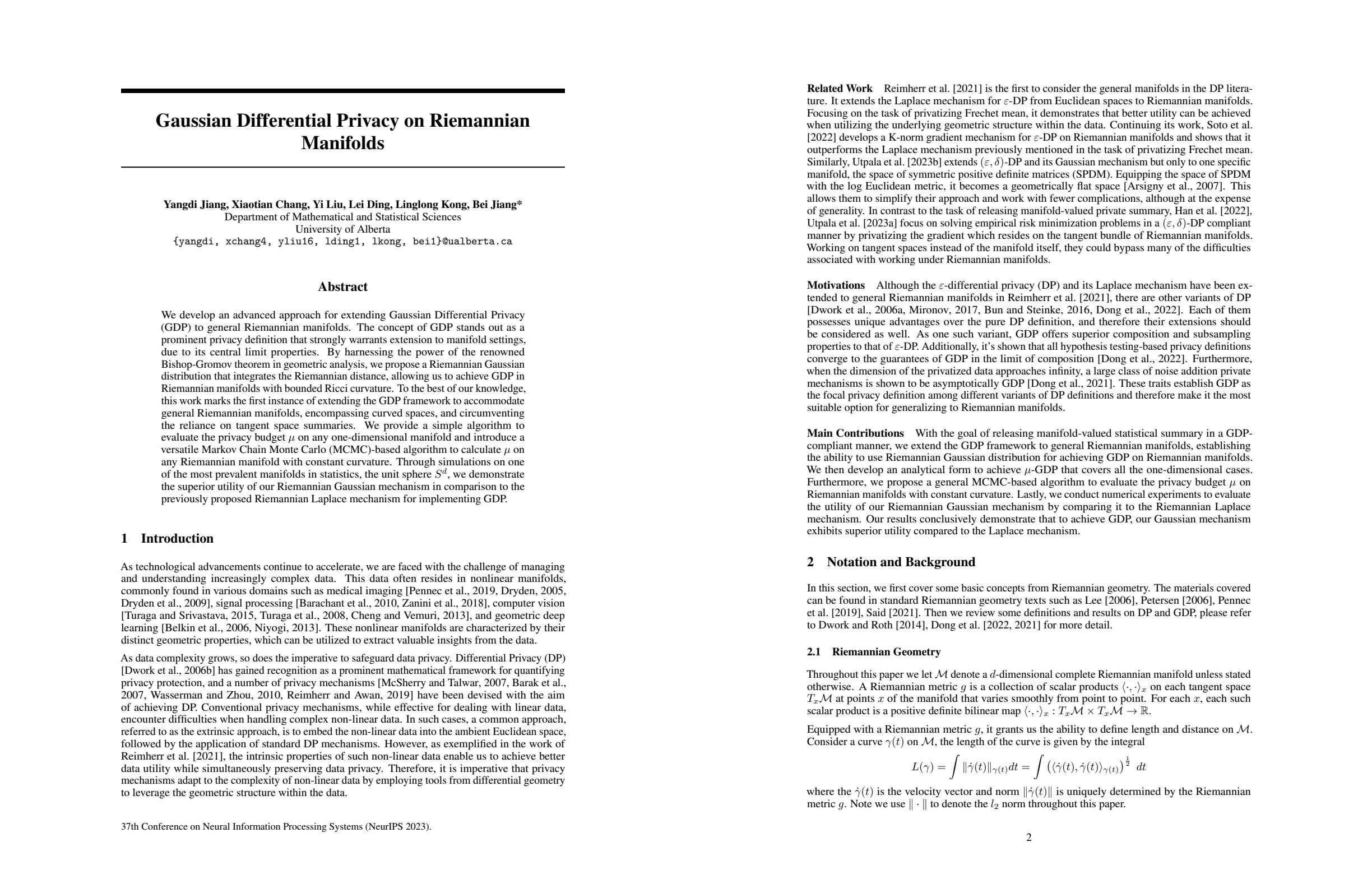 Gaussian Differential Privacy on Riemannian Manifolds