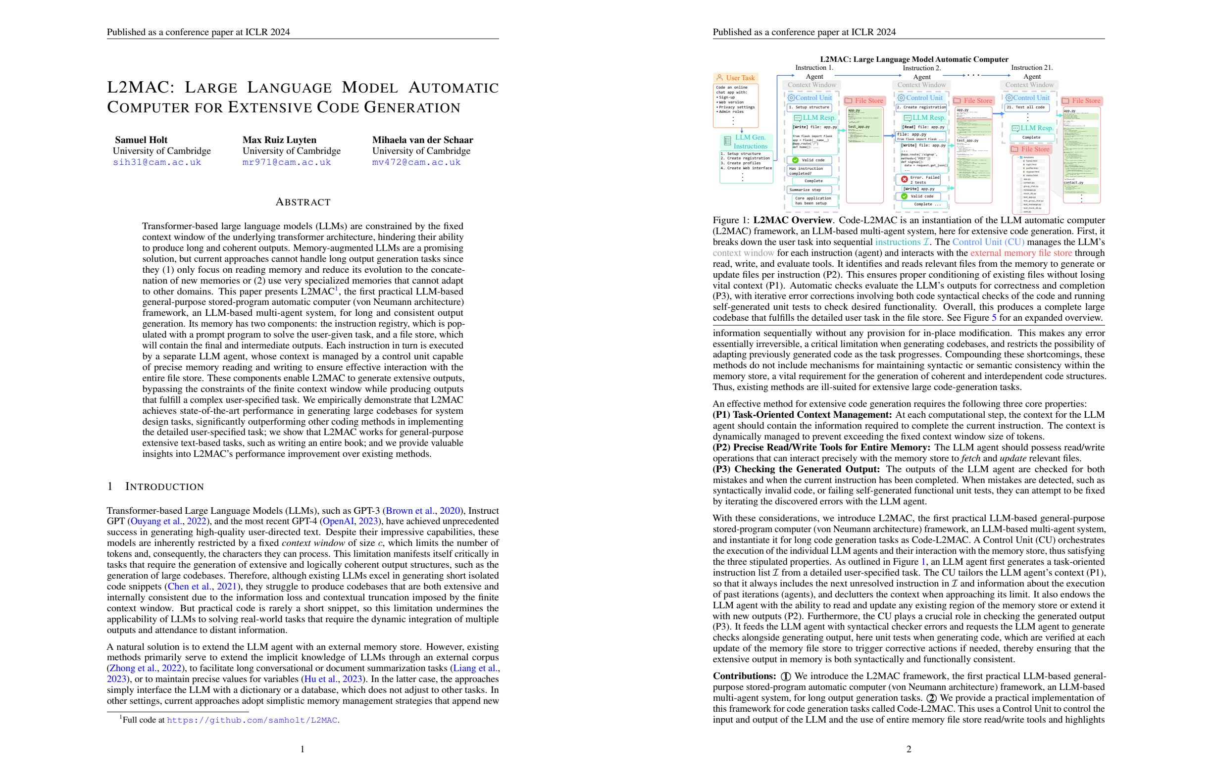 L2MAC: Large Language Model Automatic Computer for Extensive Code Generation