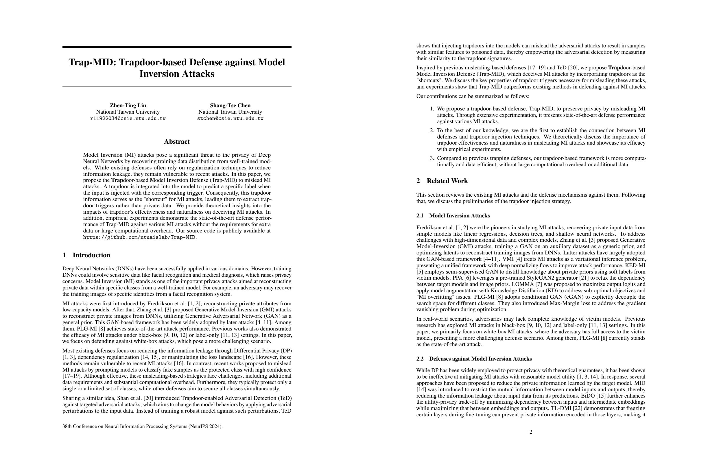 Trap-MID: Trapdoor-based Defense against Model Inversion Attacks