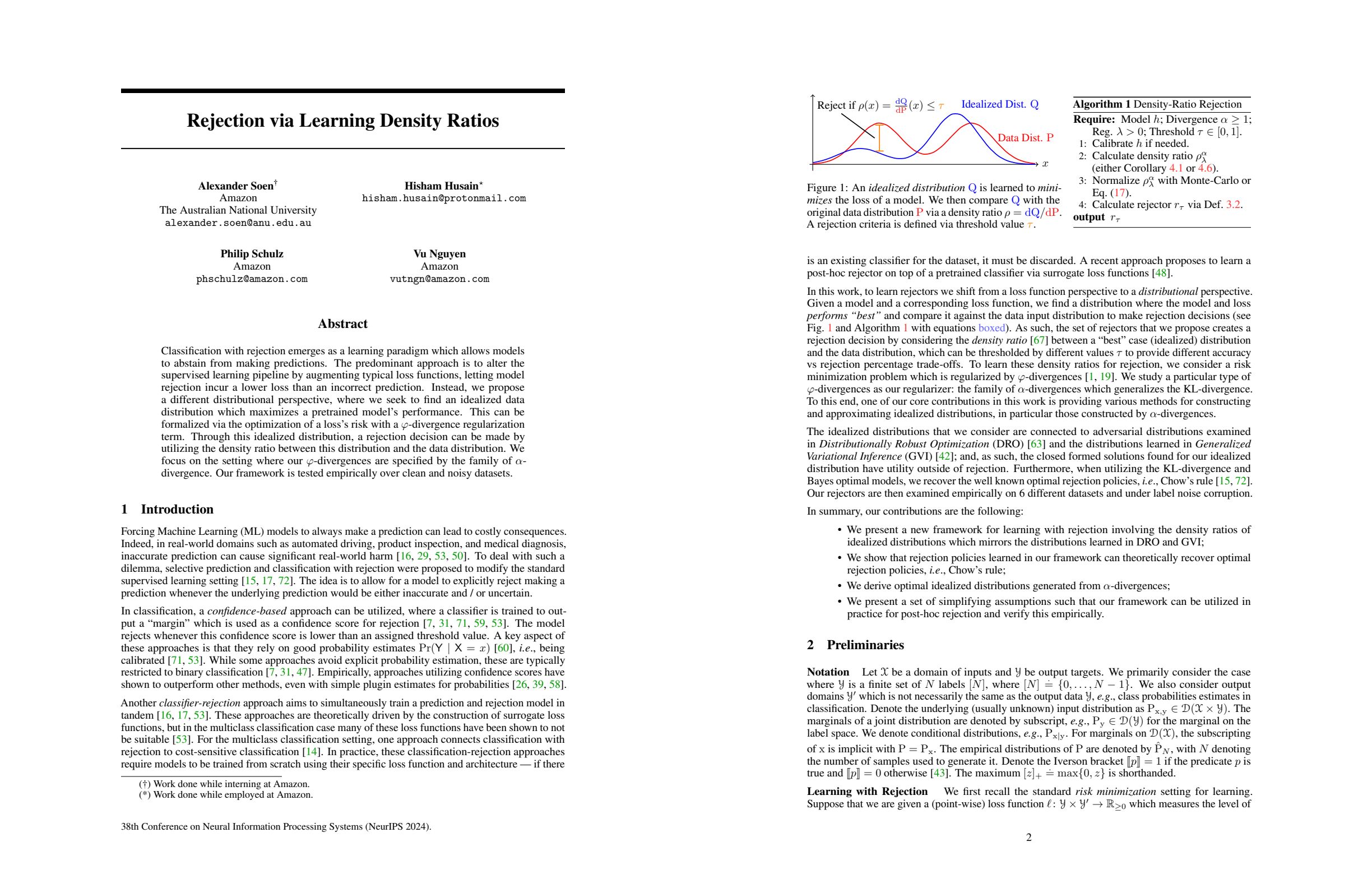 Rejection via Learning Density Ratios