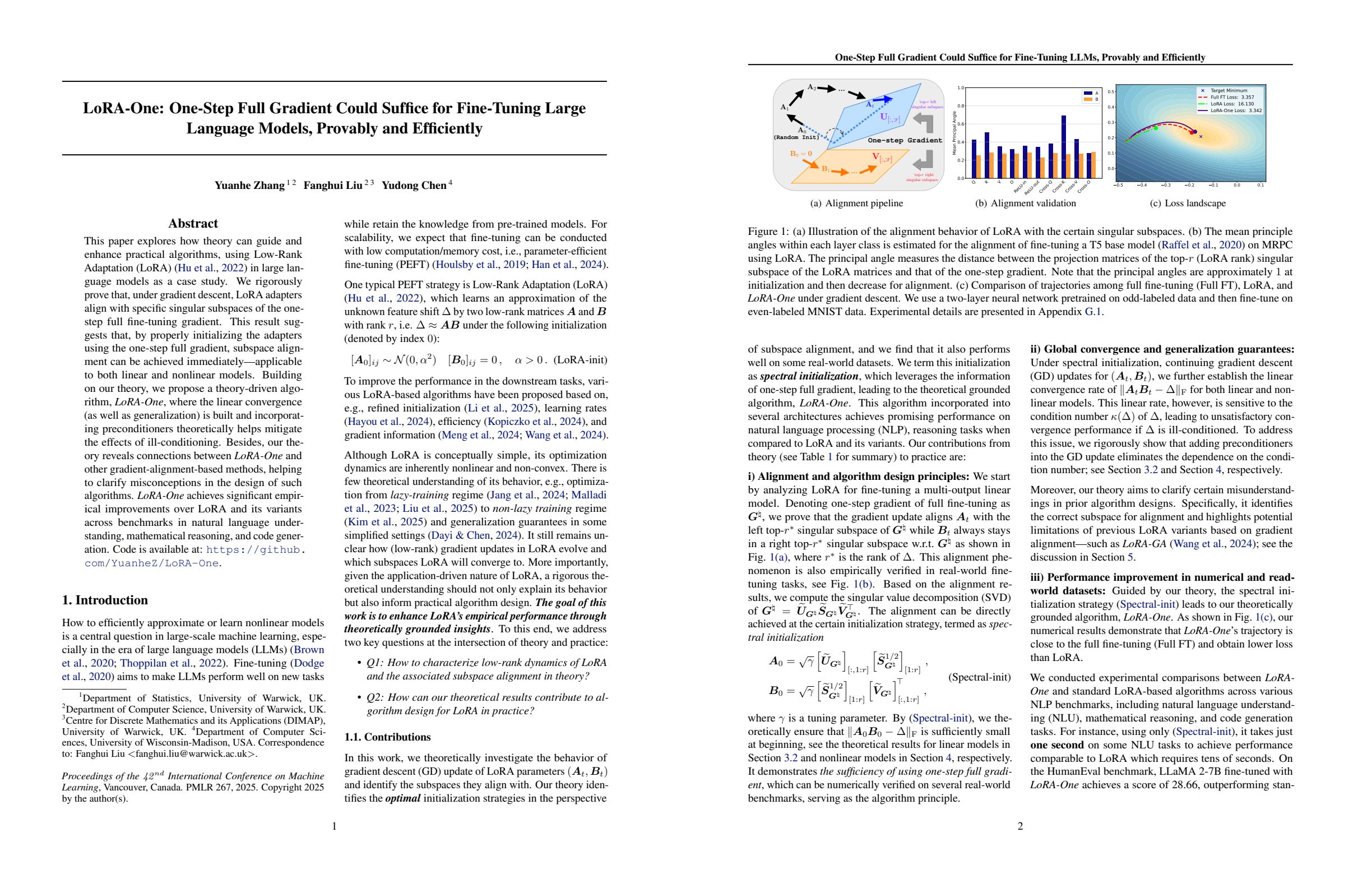 LoRA-One: One-Step Full Gradient Could Suffice for Fine-Tuning Large Language Models, Provably ...