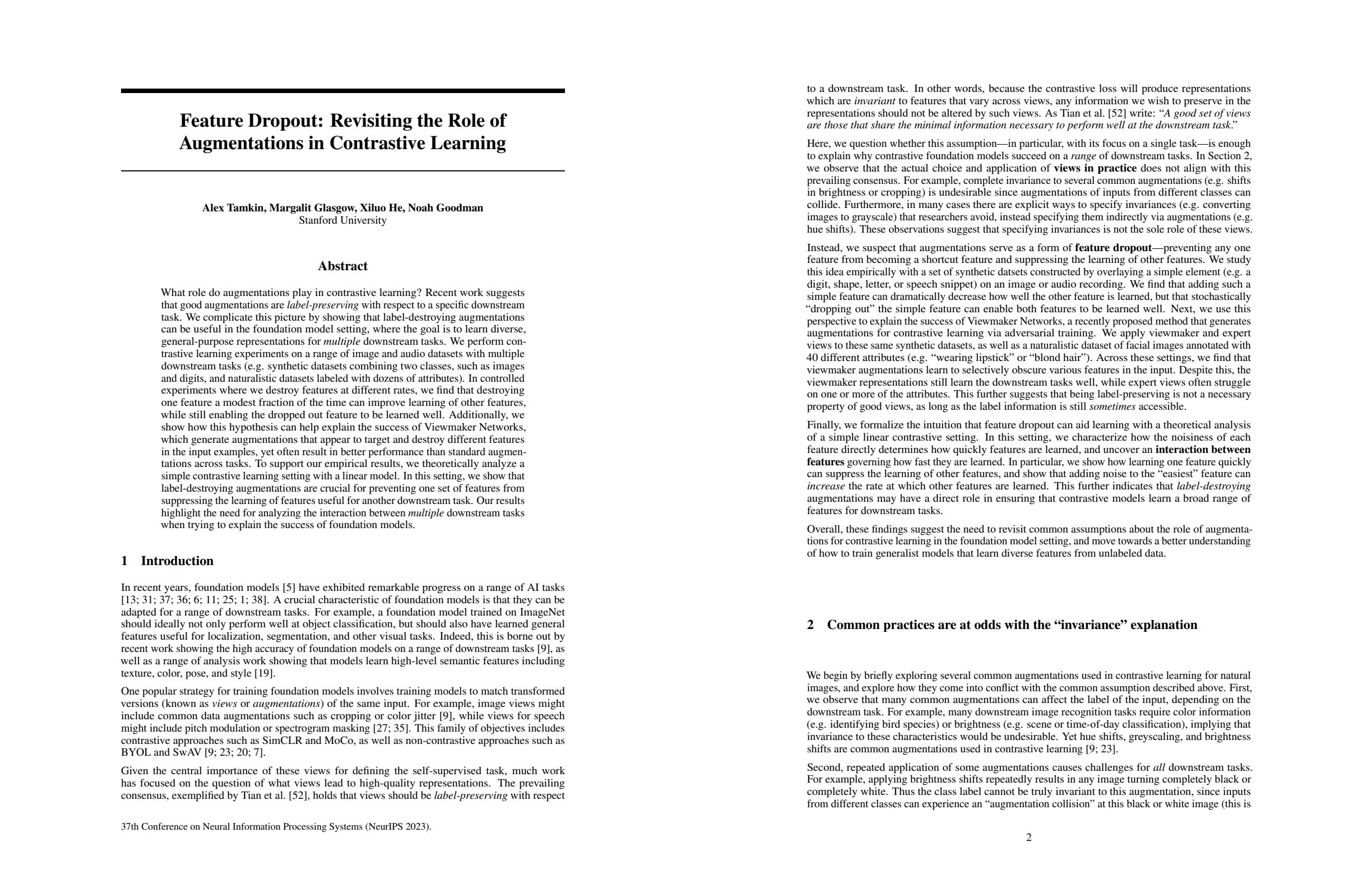 Feature Dropout: Revisiting the Role of Augmentations in Contrastive Learning