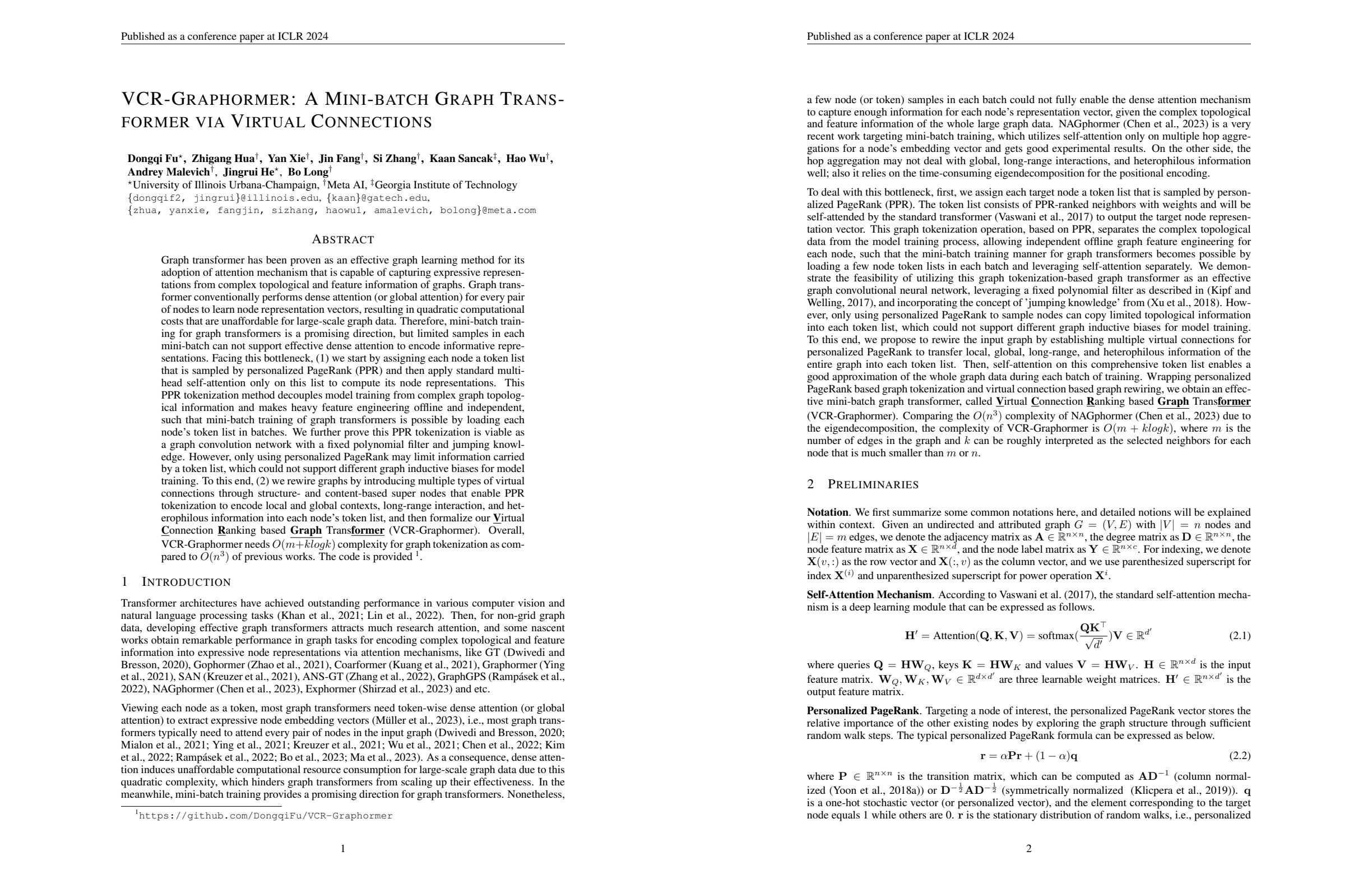 VCR-Graphormer: A Mini-batch Graph Transformer via Virtual Connections
