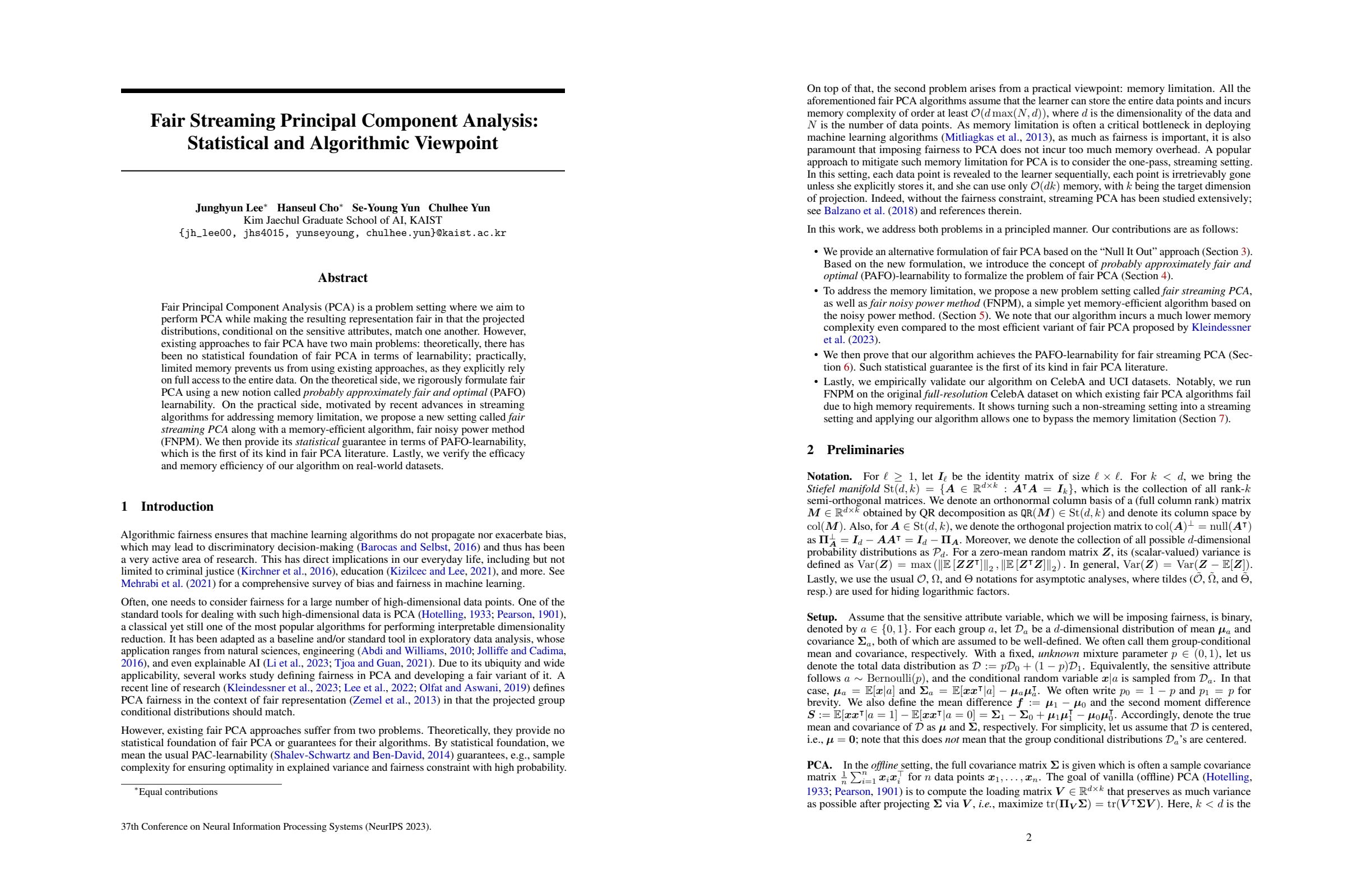 Fair Streaming Principal Component Analysis: Statistical and Algorithmic Viewpoint