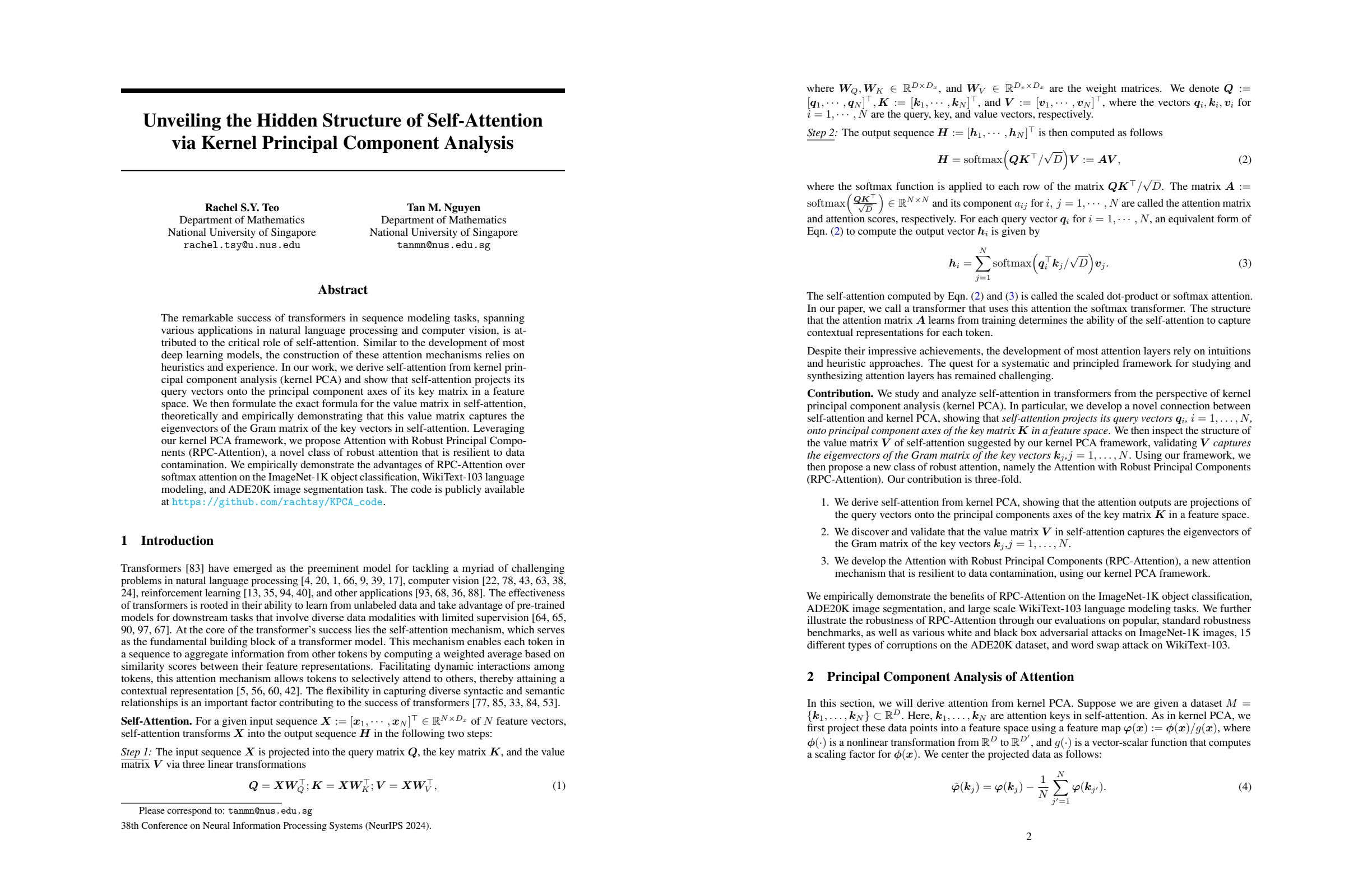 Unveiling the Hidden Structure of Self-Attention via Kernel Principal Component Analysis