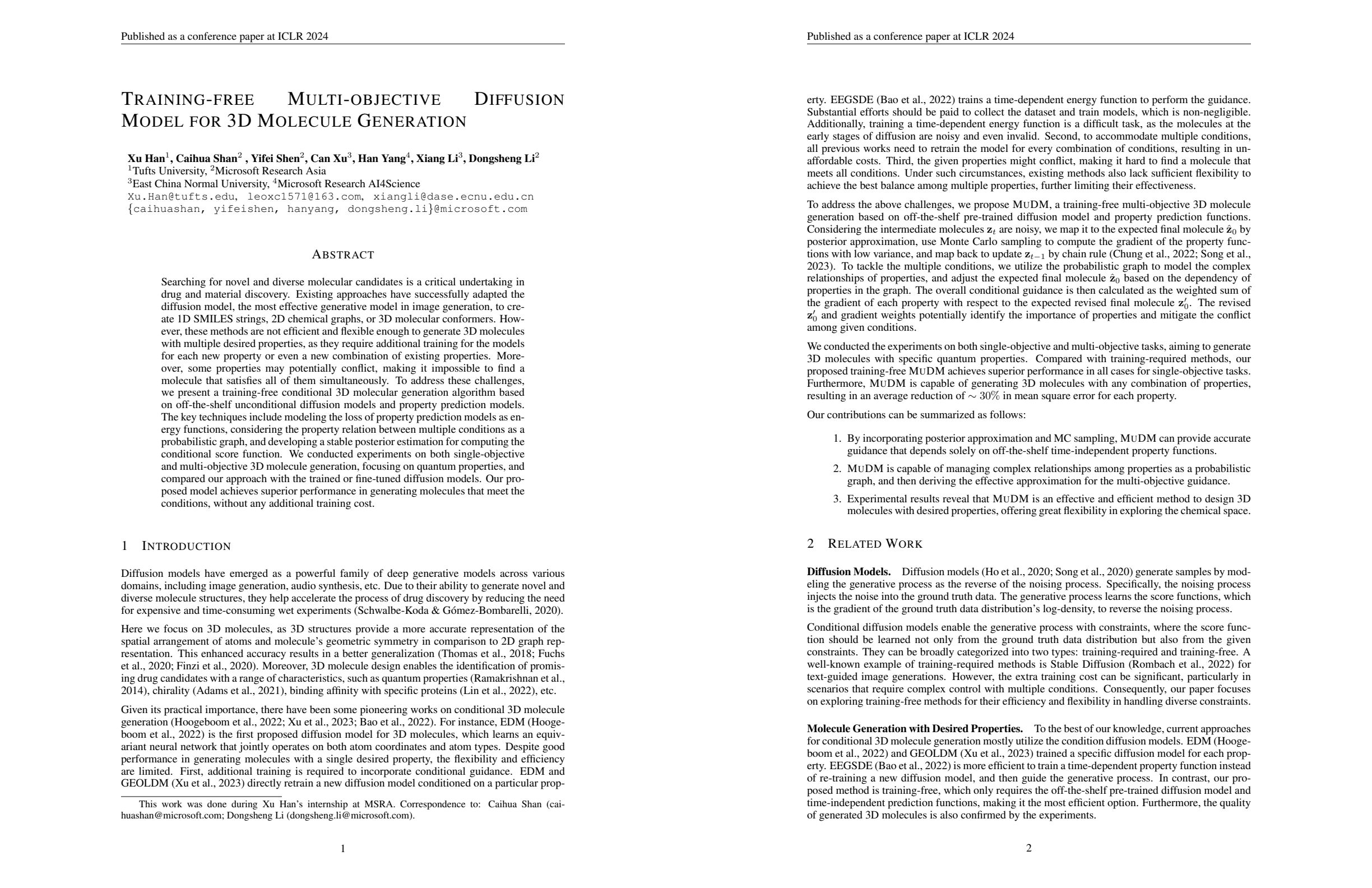 Training-free Multi-objective Diffusion Model for 3D Molecule Generation