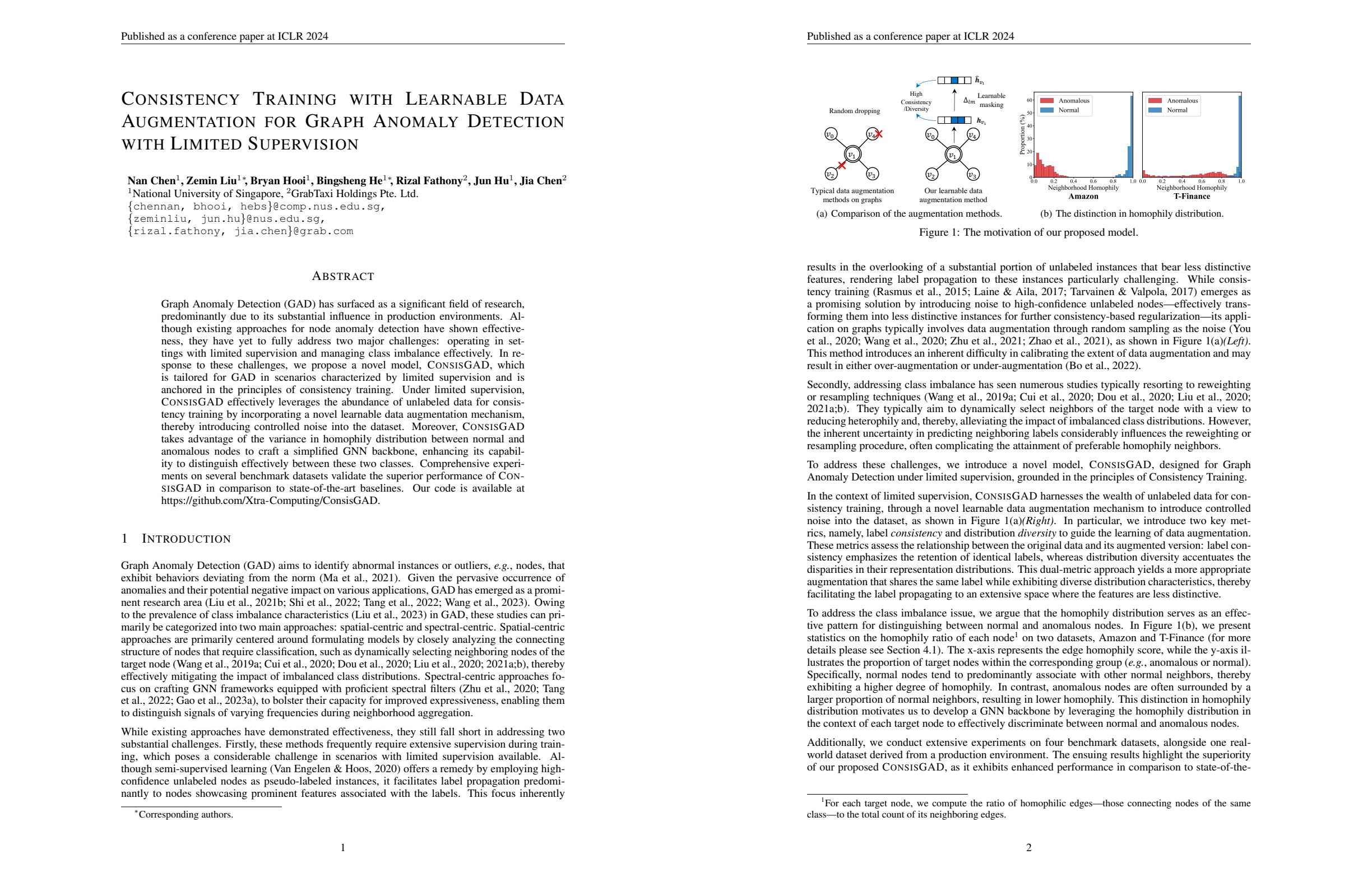 Consistency Training with Learnable Data Augmentation for Graph Anomaly Detection with Limited ...