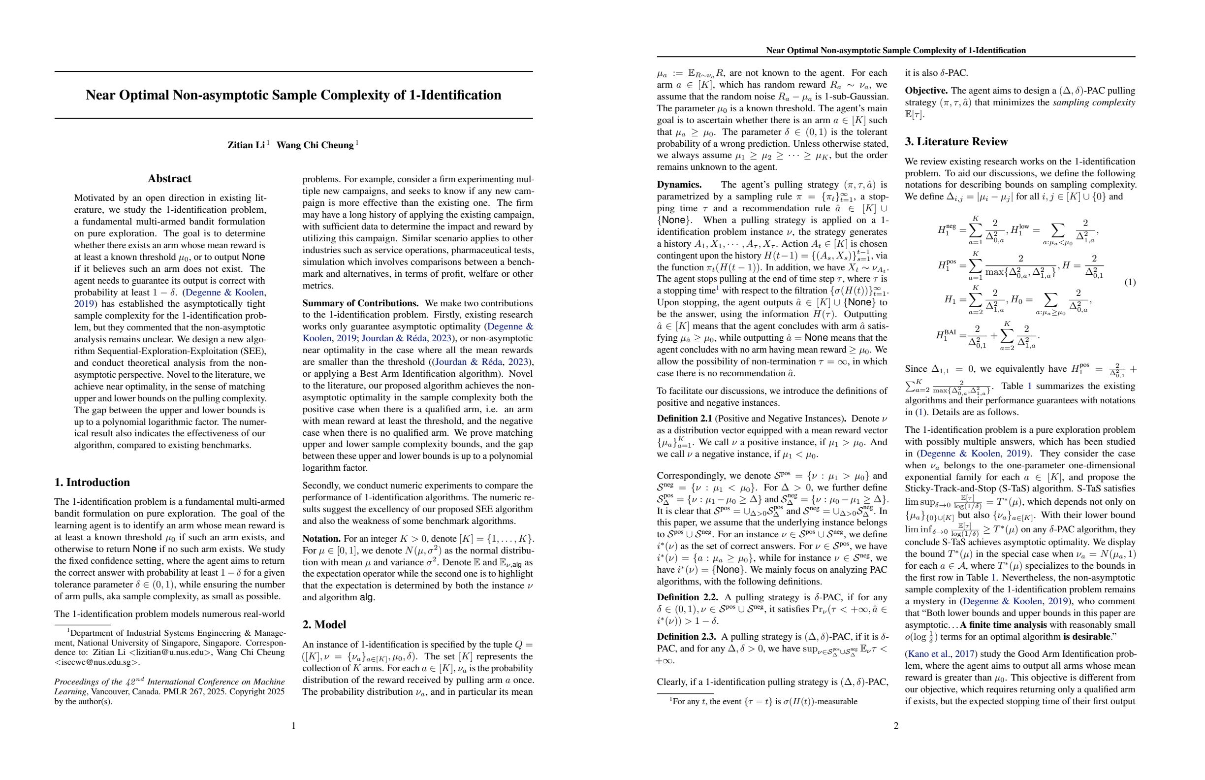 Near Optimal Non-asymptotic Sample Complexity of 1-Identification