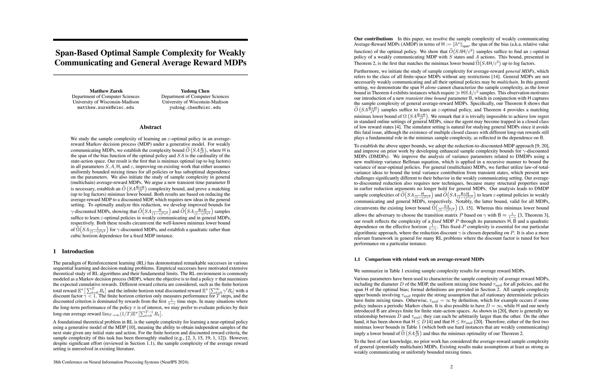Span-Based Optimal Sample Complexity for Weakly Communicating and General Average Reward MDPs