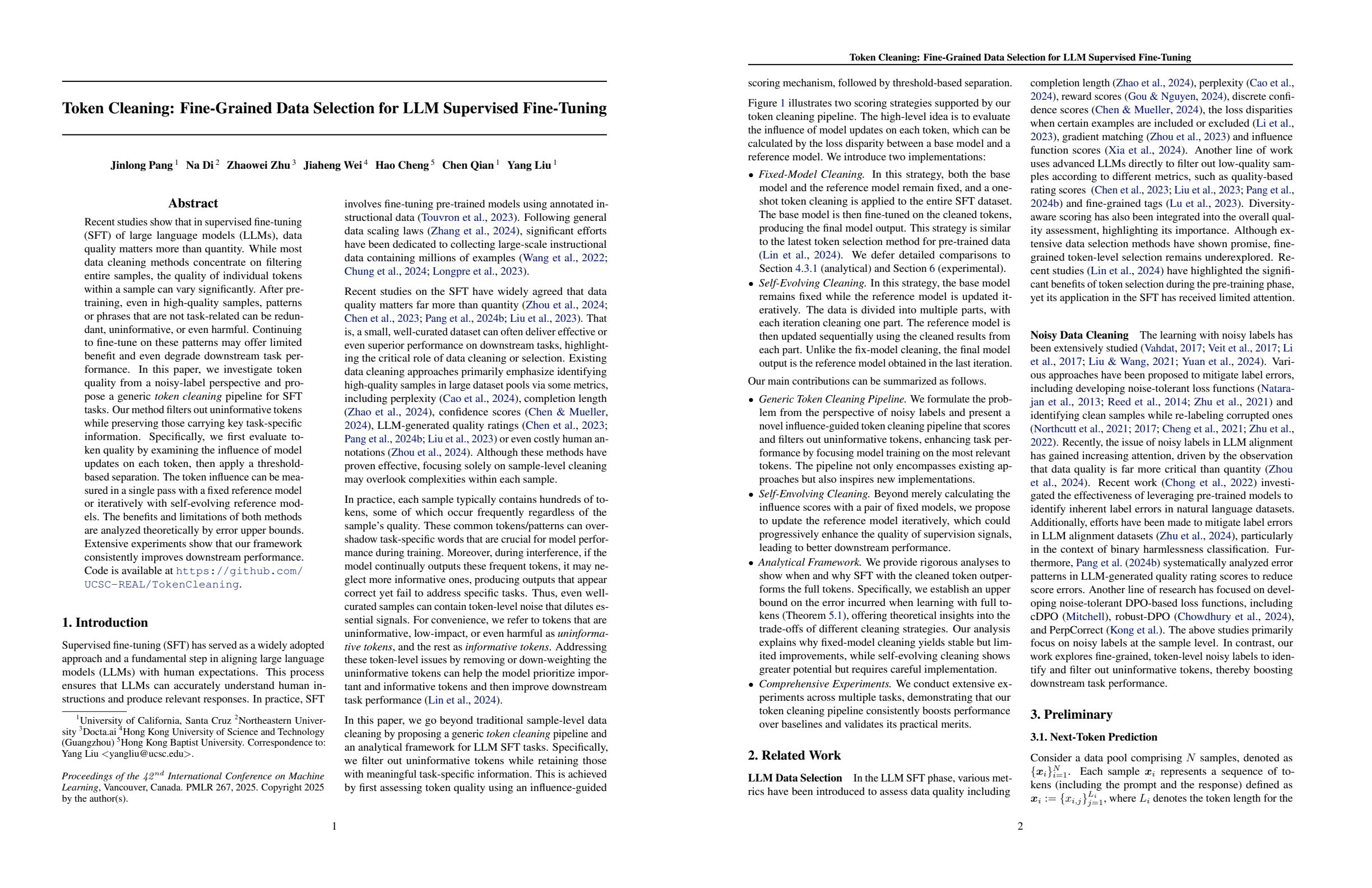 Token Cleaning: Fine-Grained Data Selection for LLM Supervised Fine-Tuning