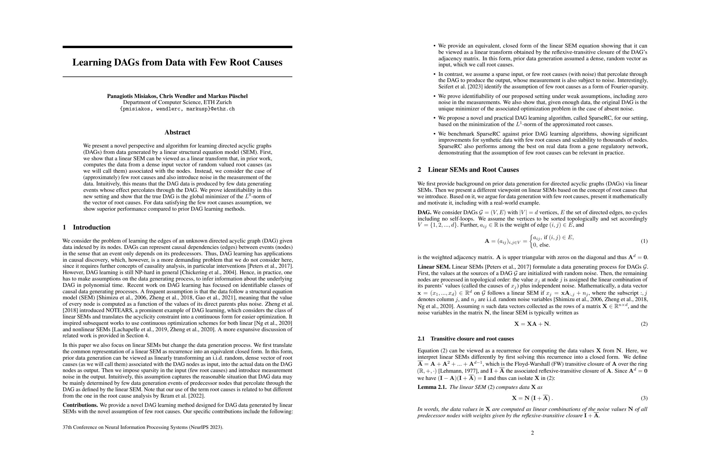 Learning DAGs from Data with Few Root Causes