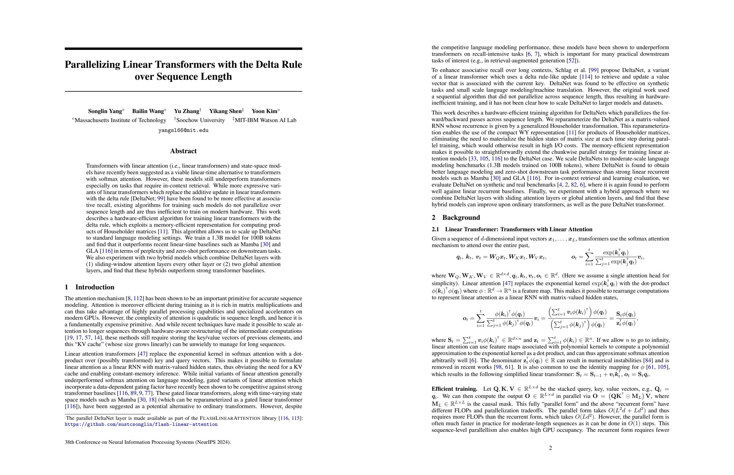 Parallelizing Linear Transformers with the Delta Rule over Sequence Length