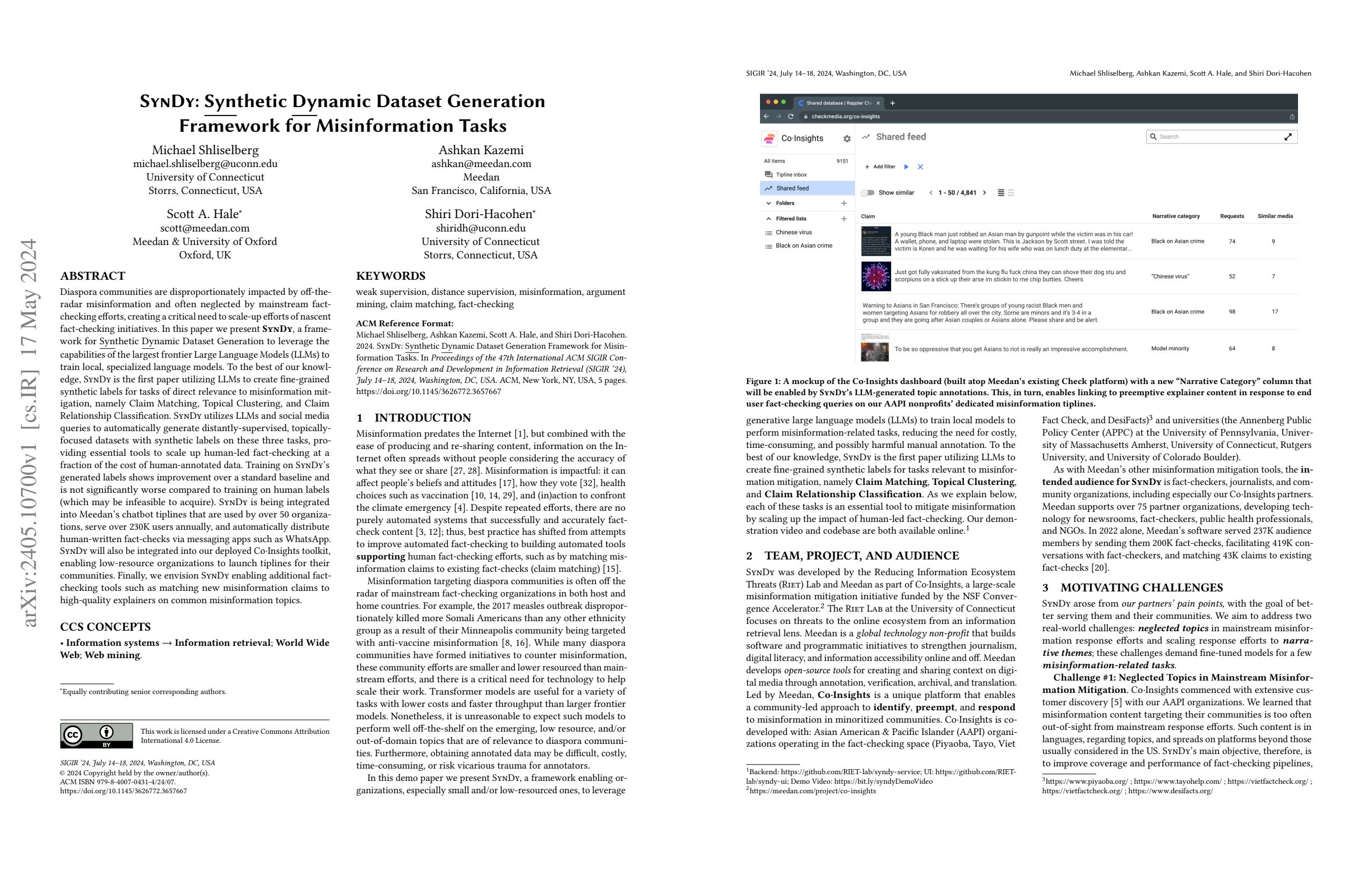 SynDy: Synthetic Dynamic Dataset Generation Framework for Misinformation Tasks